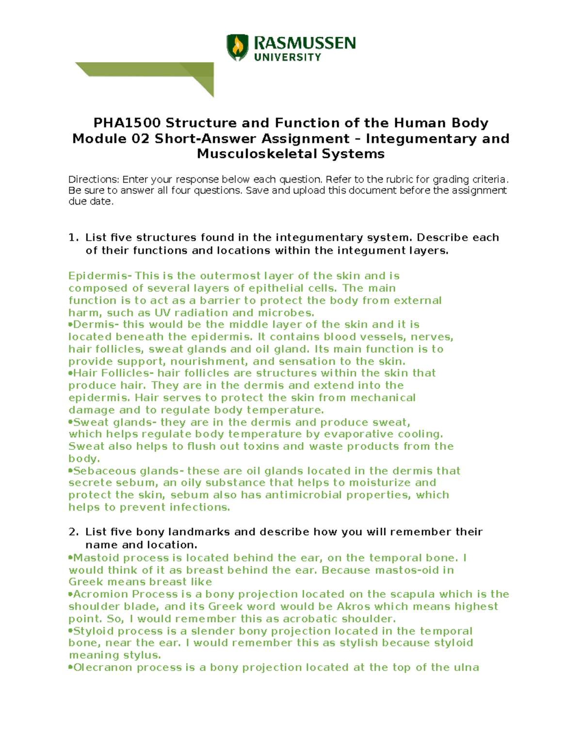 PHA1500Short Answer Assignment Mod 02 - PHA1500 Structure and Function ...