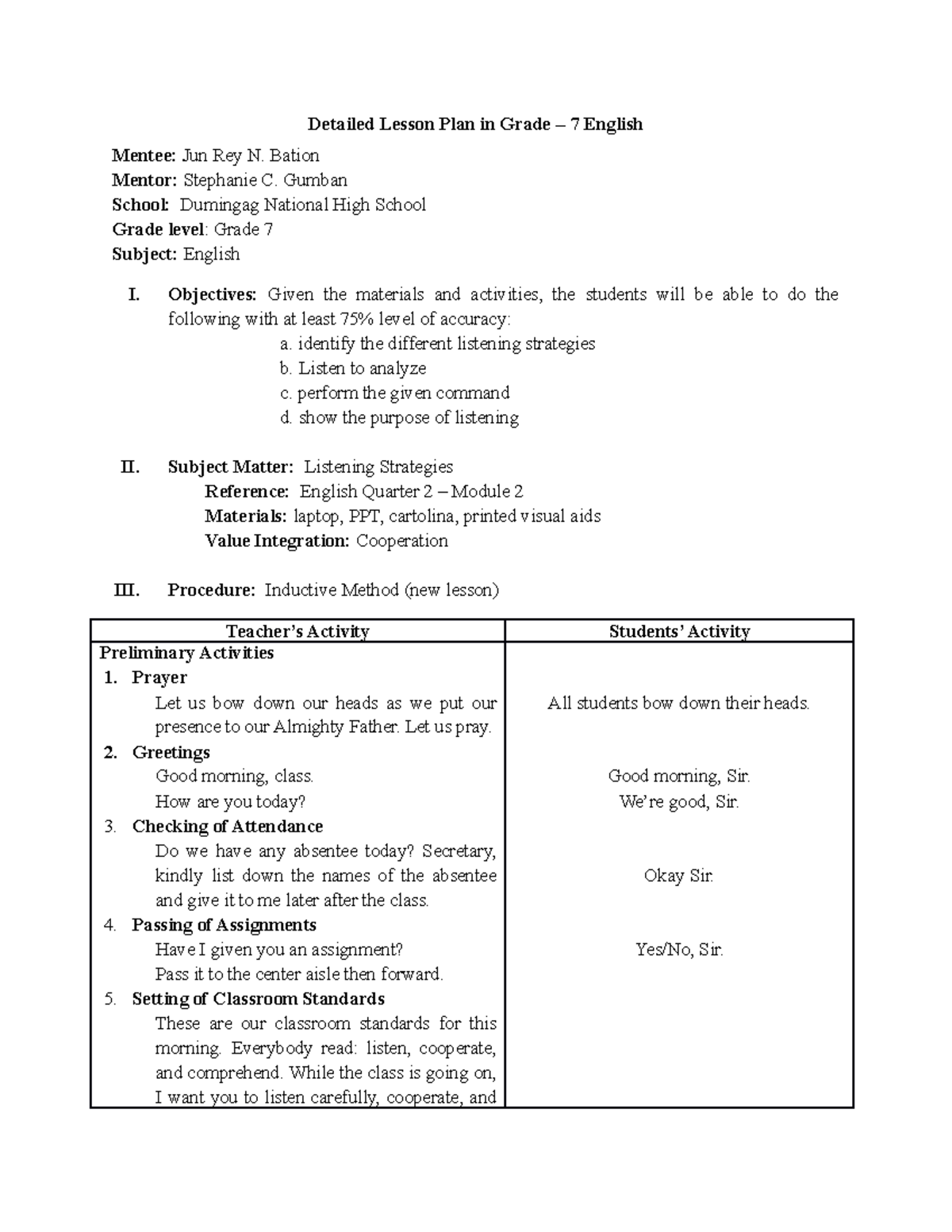 JRNB Listening-Strategies - Detailed Lesson Plan in Grade – 7 English ...