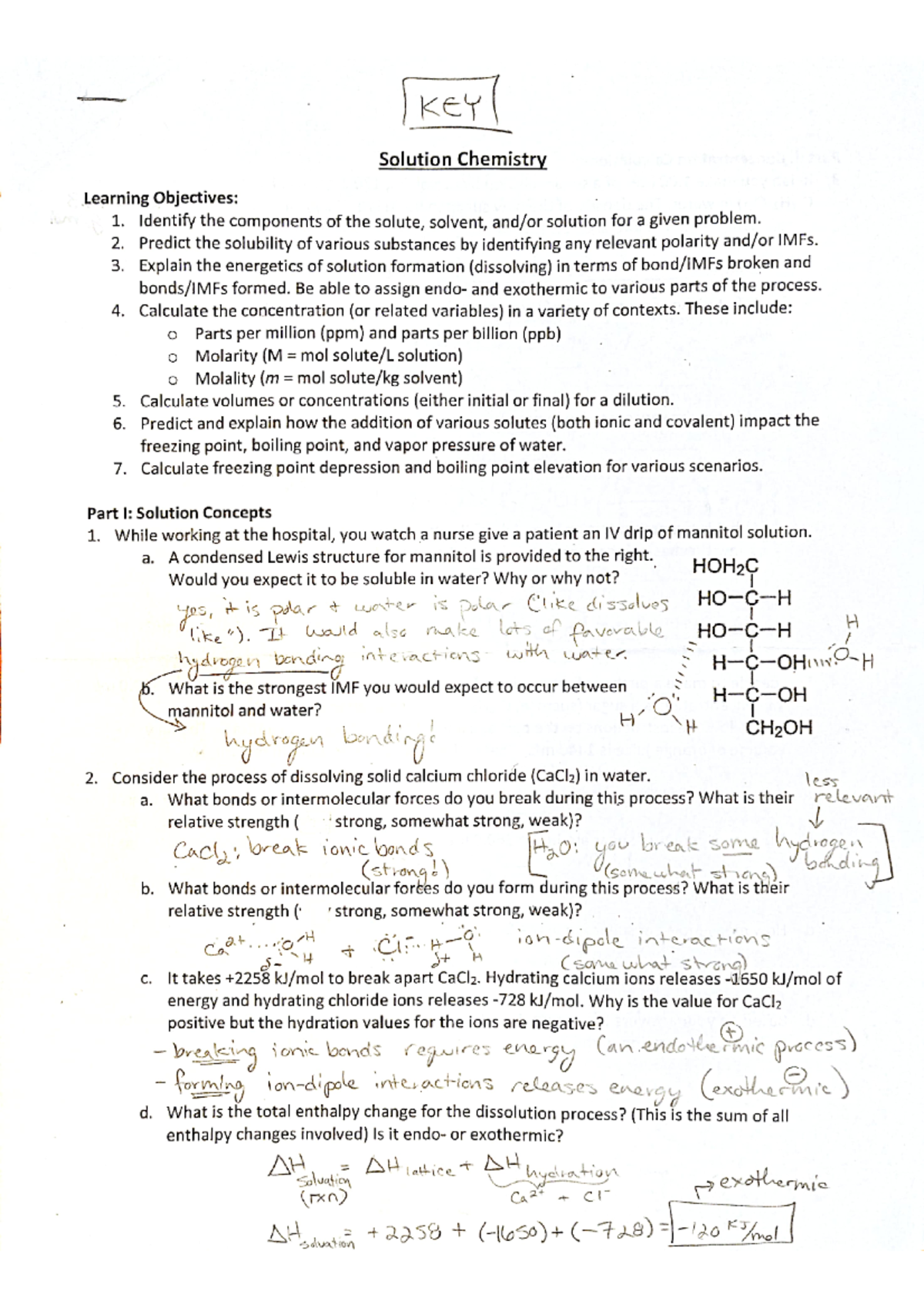 Solution Chemistry Worksheet KEY - CHEM 1212 - Studocu
