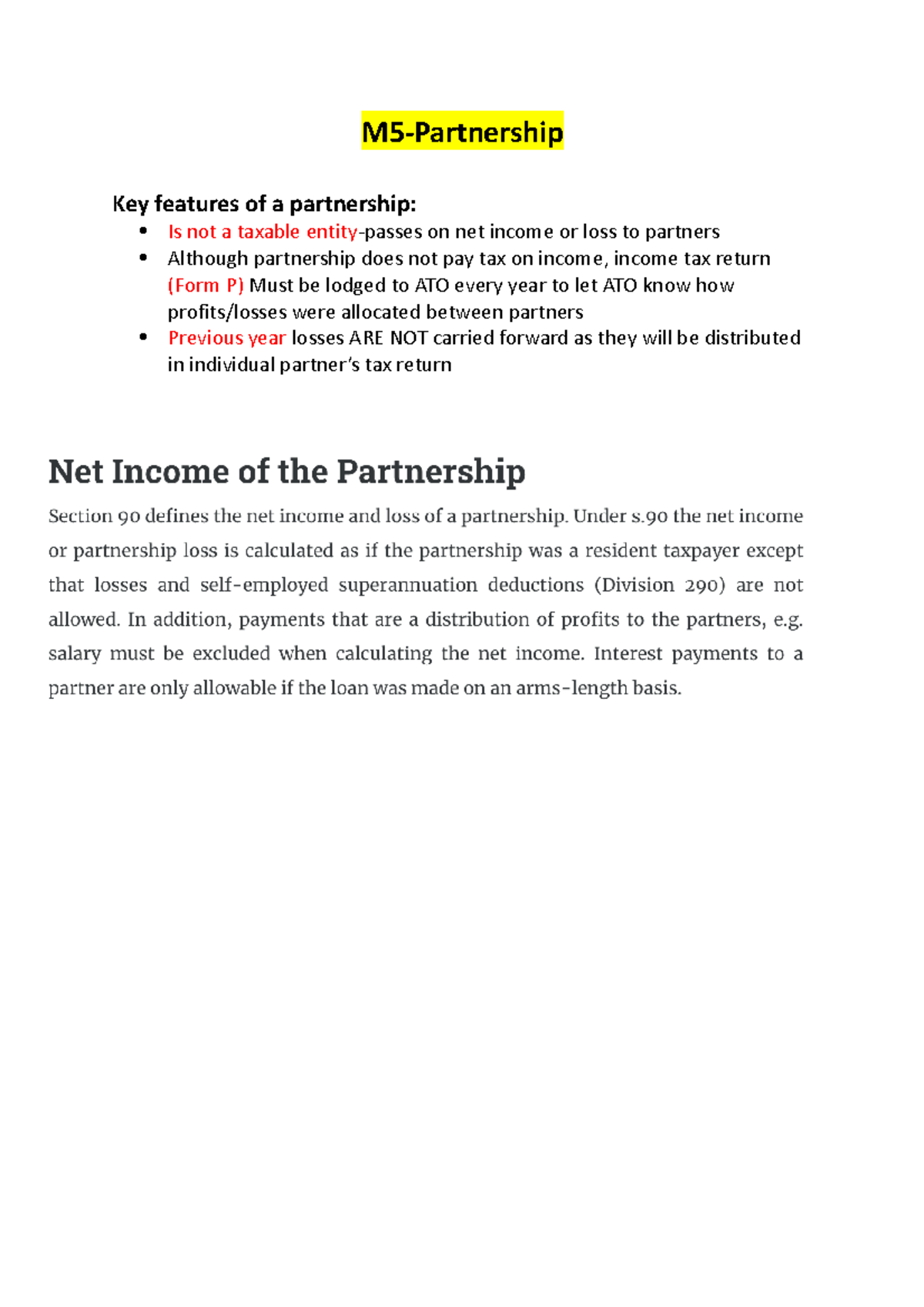 module 5 notes TAXA2000 - M5-Partnership Key features of a partnership ...