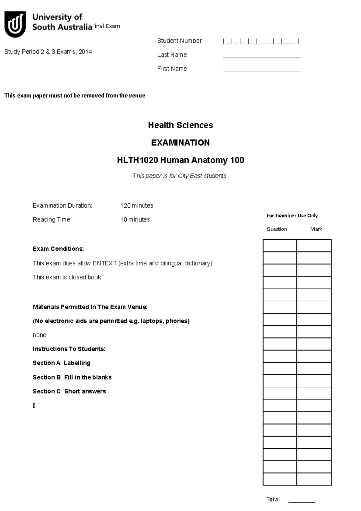 Past Final Exam - Human Anatomy 100 Final Exam Study Period 2 3 Exams ...