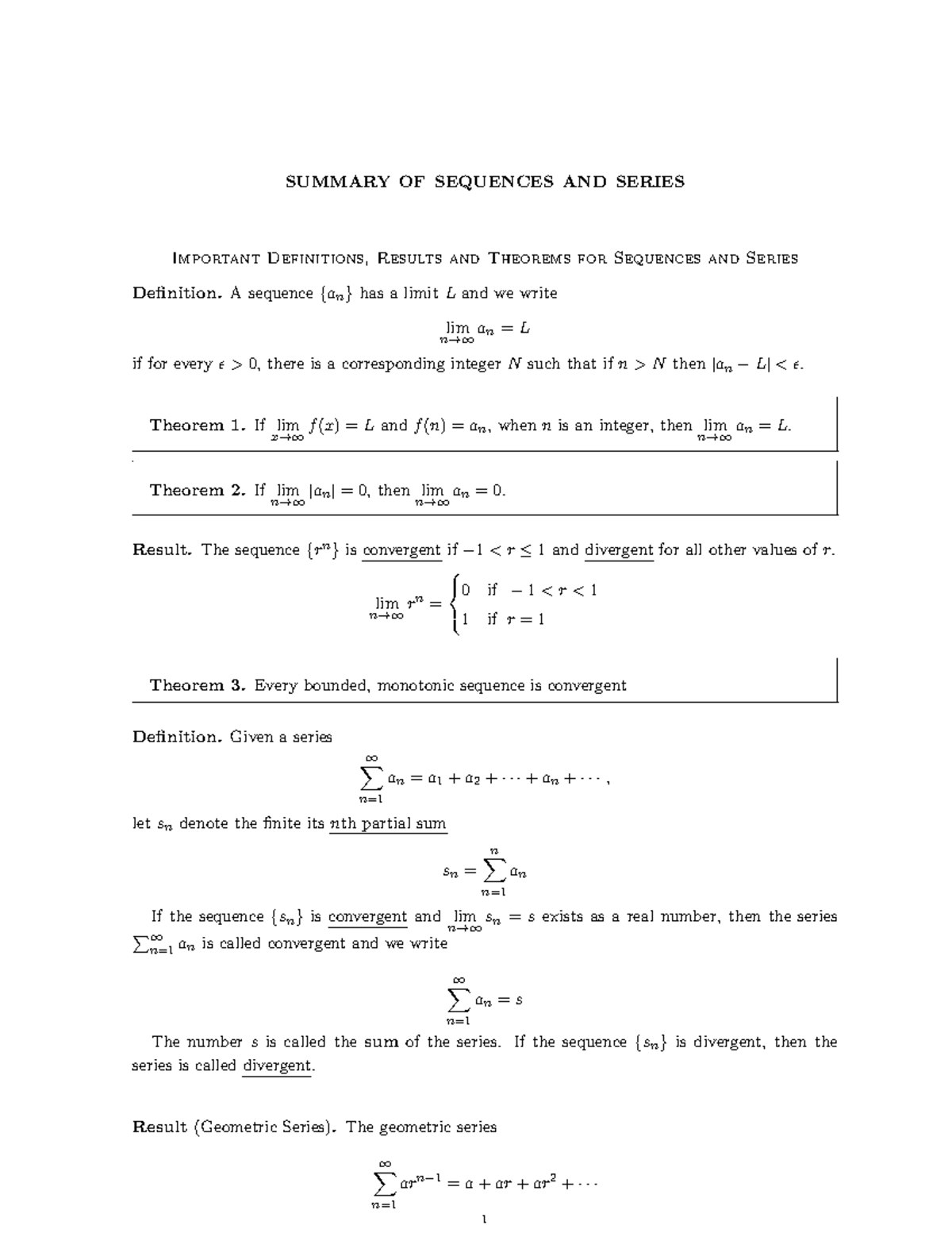 Summary - Series and Sequences - MATH 205 - Concordia - Studocu