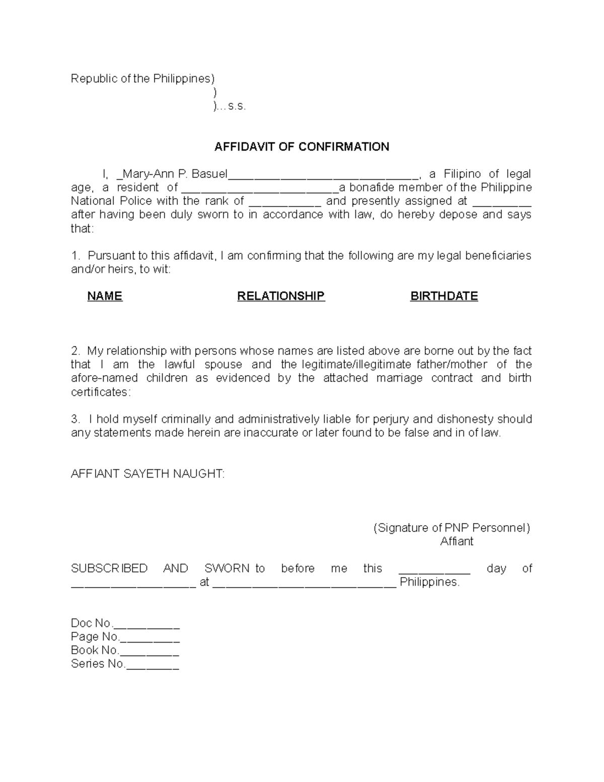 Republic of the Philippines - ..s. AFFIDAVIT OF CONFIRMATION I, Mary ...