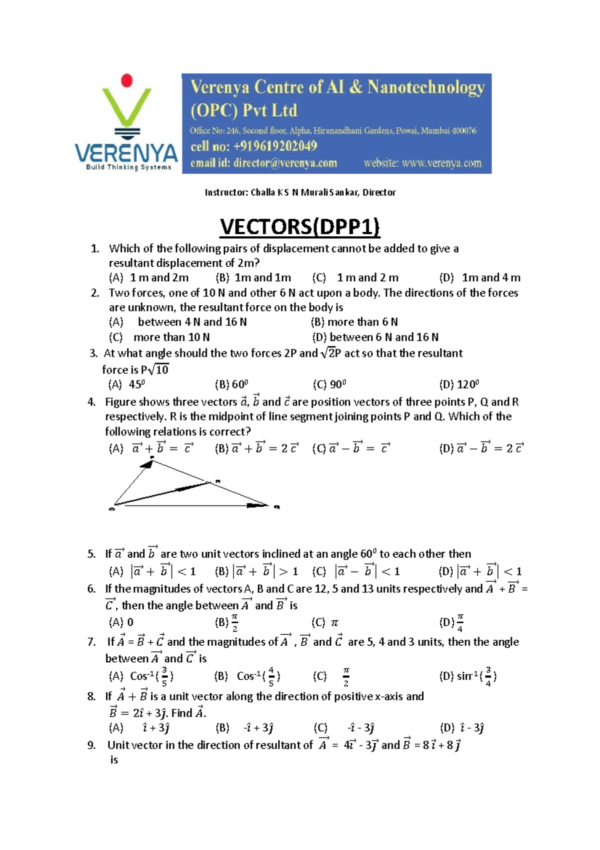 Vectors PRACTICE PAPER 1 - Instructor: Challa K S N Murali Sankar ...