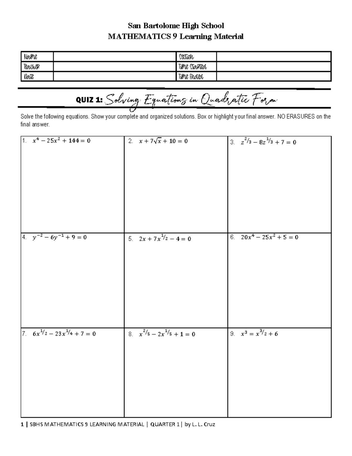 Quiz1 Solving Equation In Quadratic Form - 1 | SBHS MATHEMATICS 9 ...