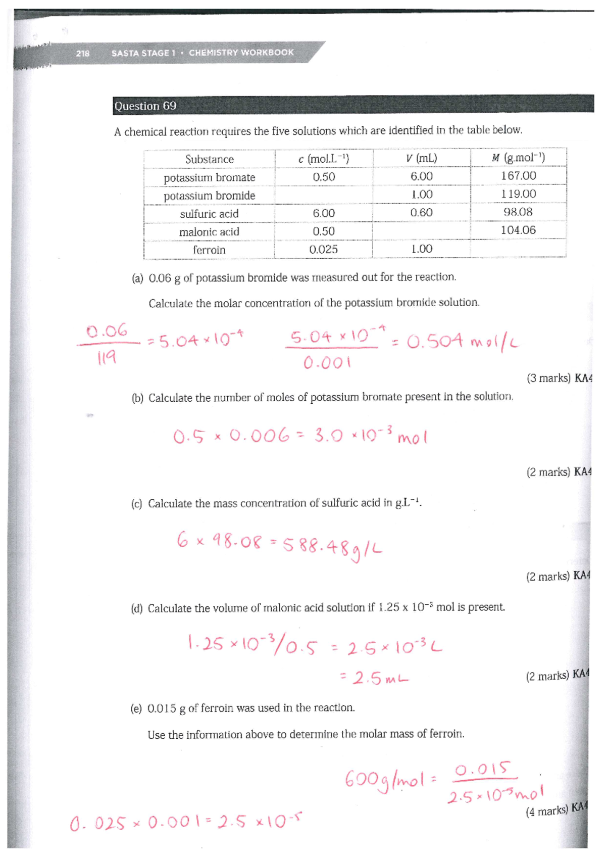 Q69-74 working and solutions - 218 SASTA STAGE 1 • CHEMISTRY WORKBOOK ...