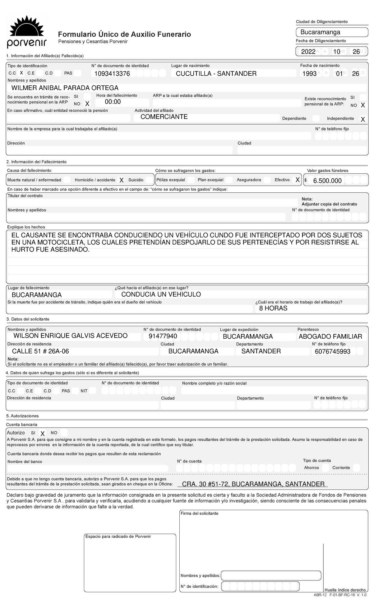 Formulario auxilio funerario - Formulario Único de Auxilio Funerario ...