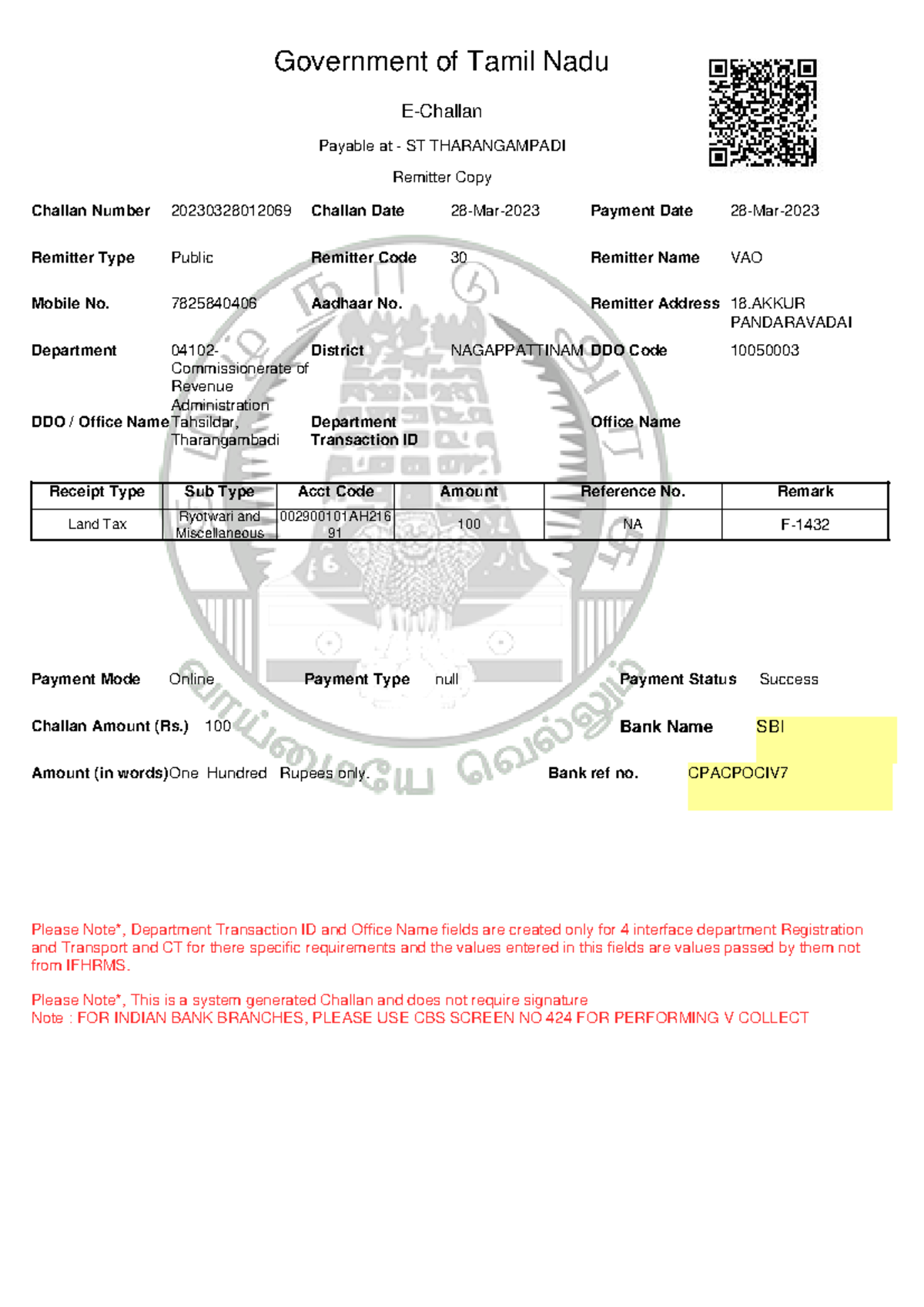 20230328012069 - dfsdfdf - Government of Tamil Nadu E-Challan Remitter Copy Challan Number - Studocu