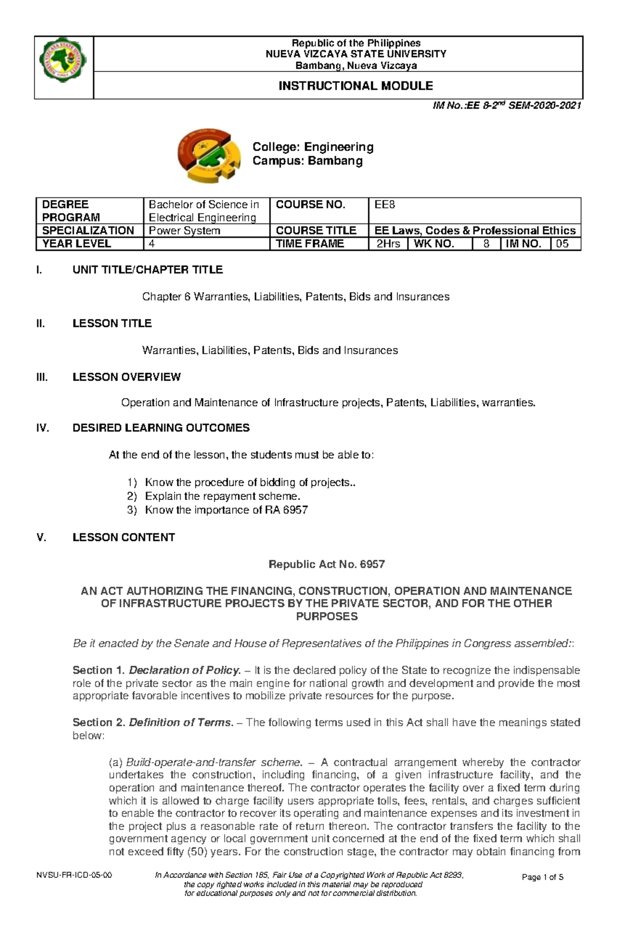 Electrical engineering laws - NUEVA VIZCAYA STATE UNIVERSITY Bambang ...