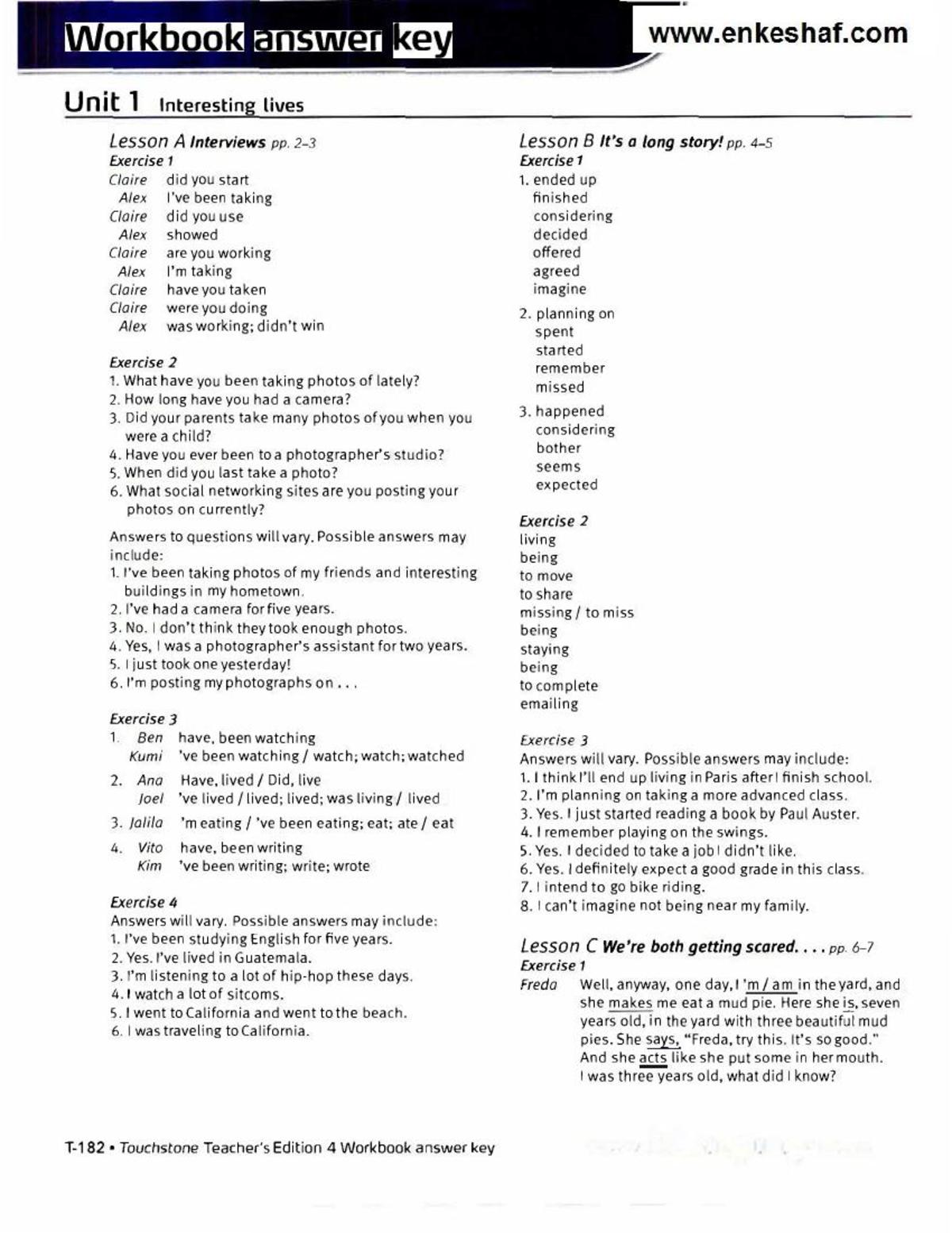 Touchstone 4 2nd Edition wb ak www - Workbook answer key Unit 1 Interesting lives Lesson A - Studocu