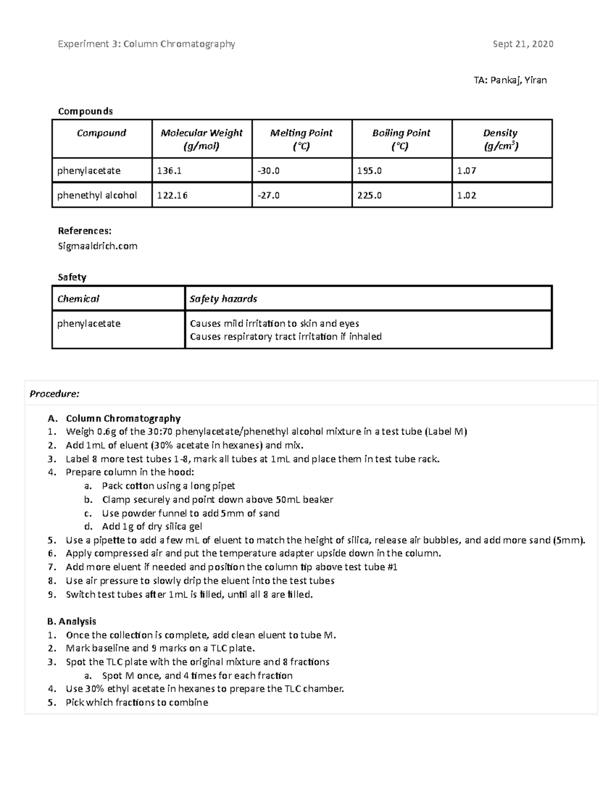 CHE 276 Lab 3 Report- Column Chromatography - Experiment 3: Column ...