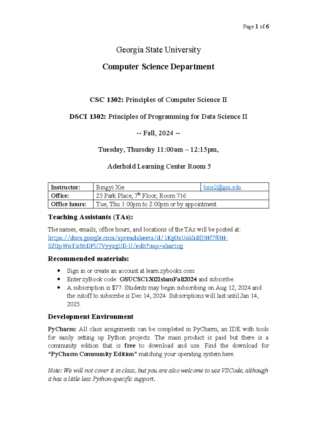 CSC 1302 Syllabus Fall 2024 - Georgia State University Computer Science Department CSC 1302 ...