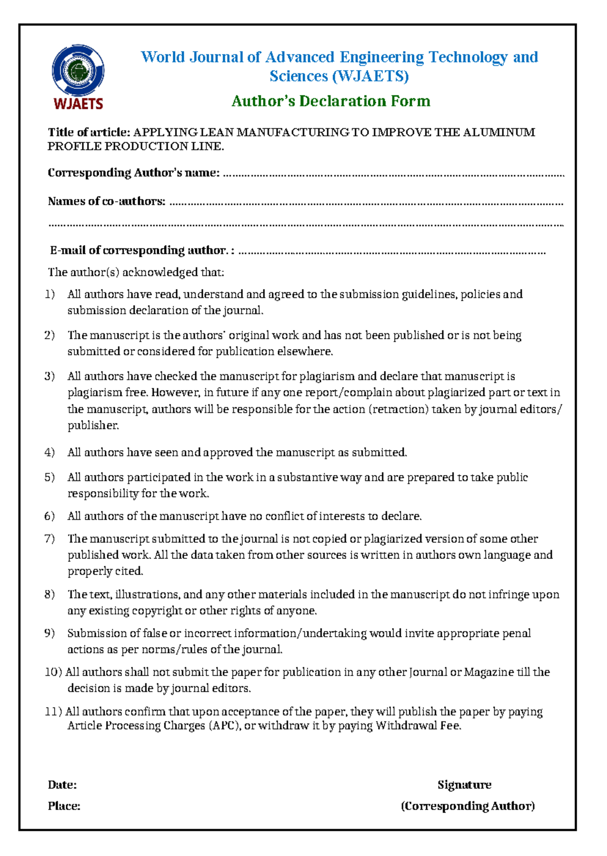 Wjaets Authors Declaration form - World Journal of Advanced Engineering ...