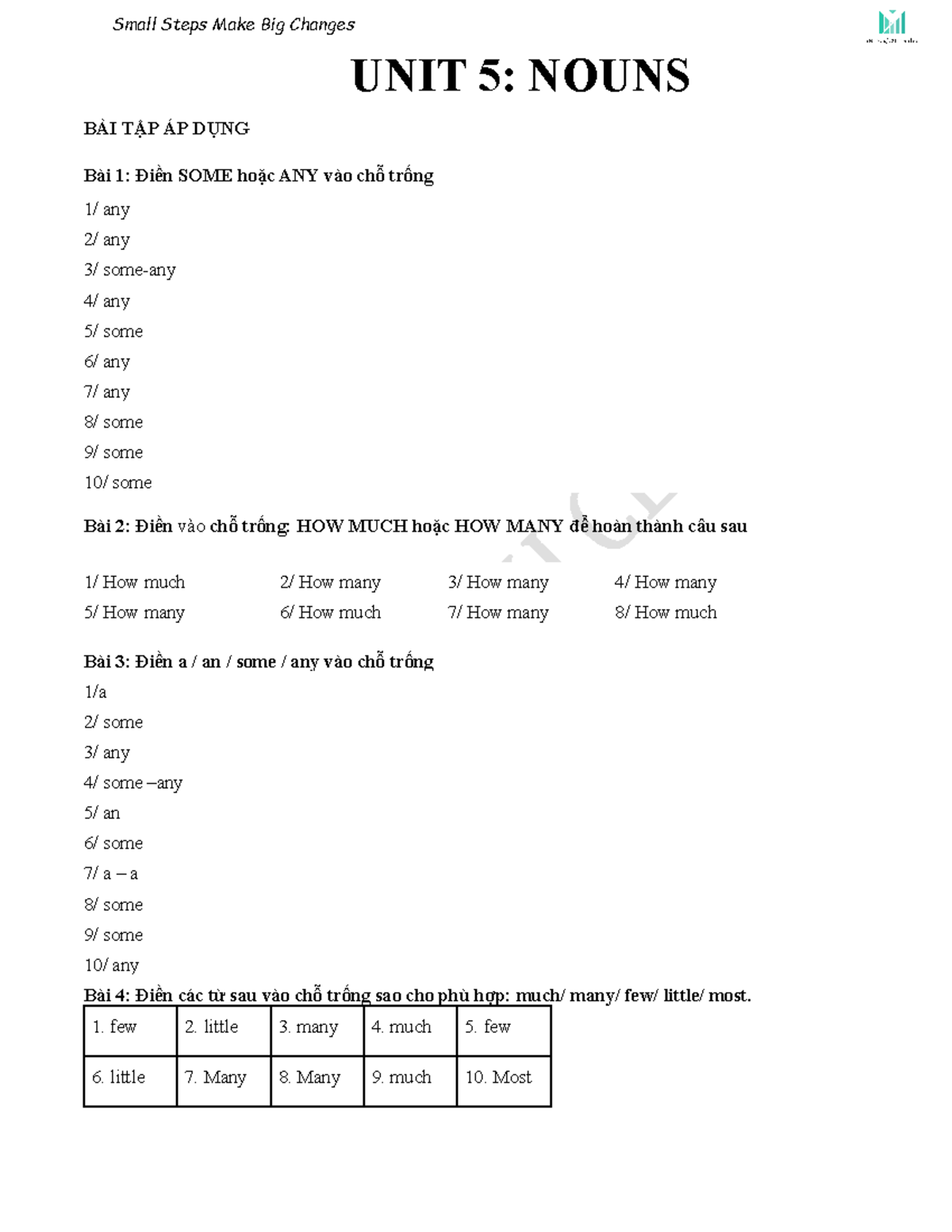 U5 Nouns KEY-FOR- Students - Small Steps Make Big Changes UNIT 5: NOUNS BÀI TẬP ÁP DỤNG Bài 1 ...