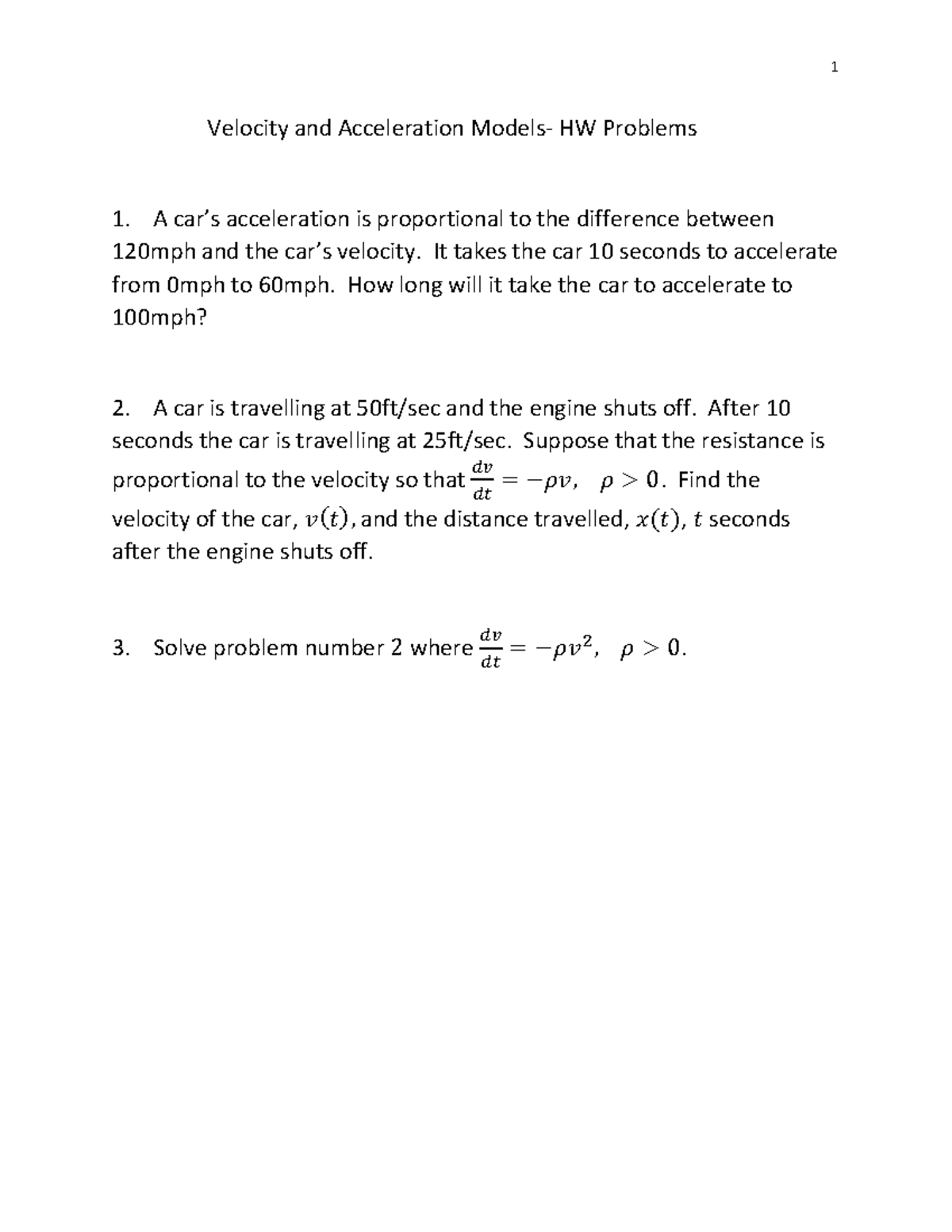 Velocity hw - Ordinary Differential Equations - 1 Velocity and ...