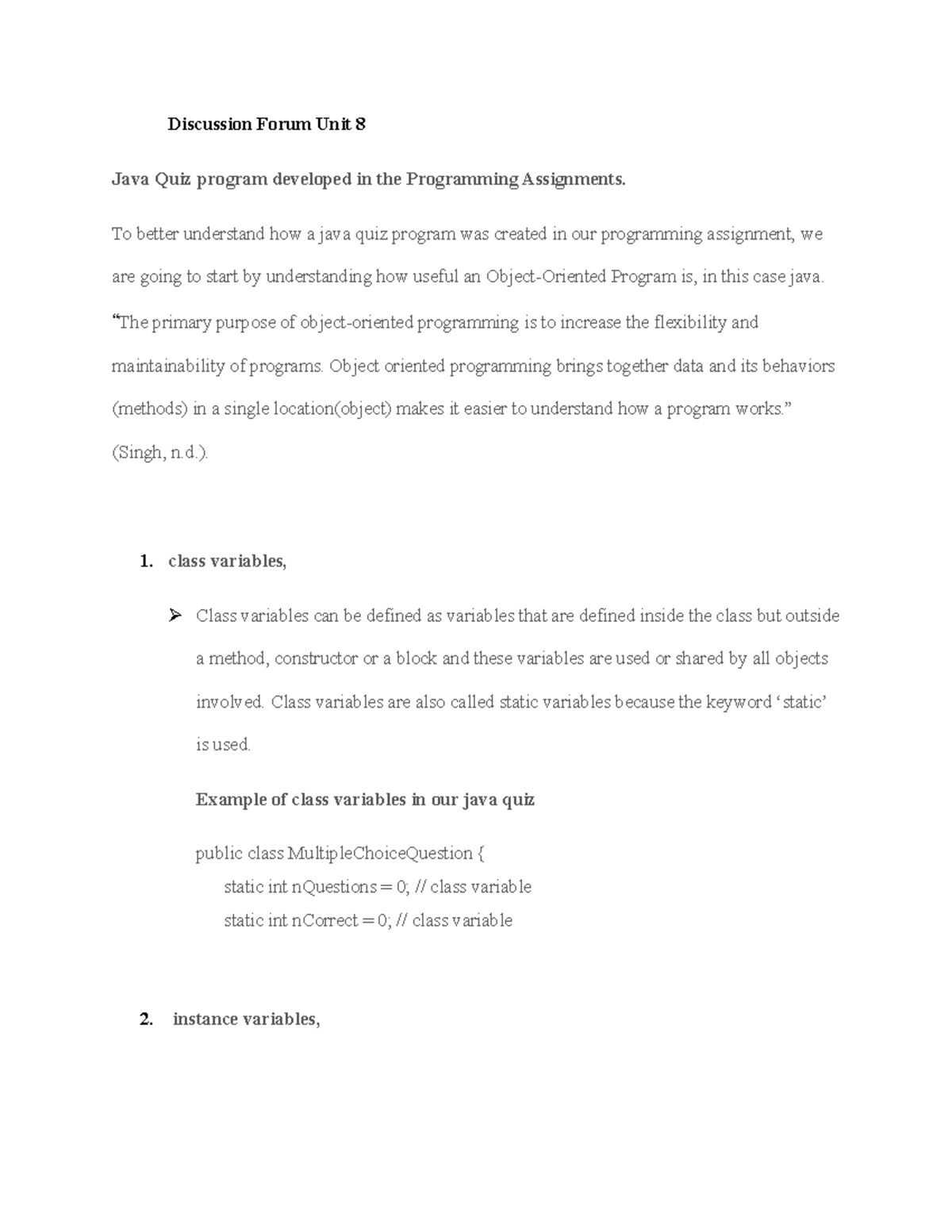 Discussion Forum Unit 8 Programming 1 Cs 1102 Discussion Forum Unit 8 Java Quiz Program