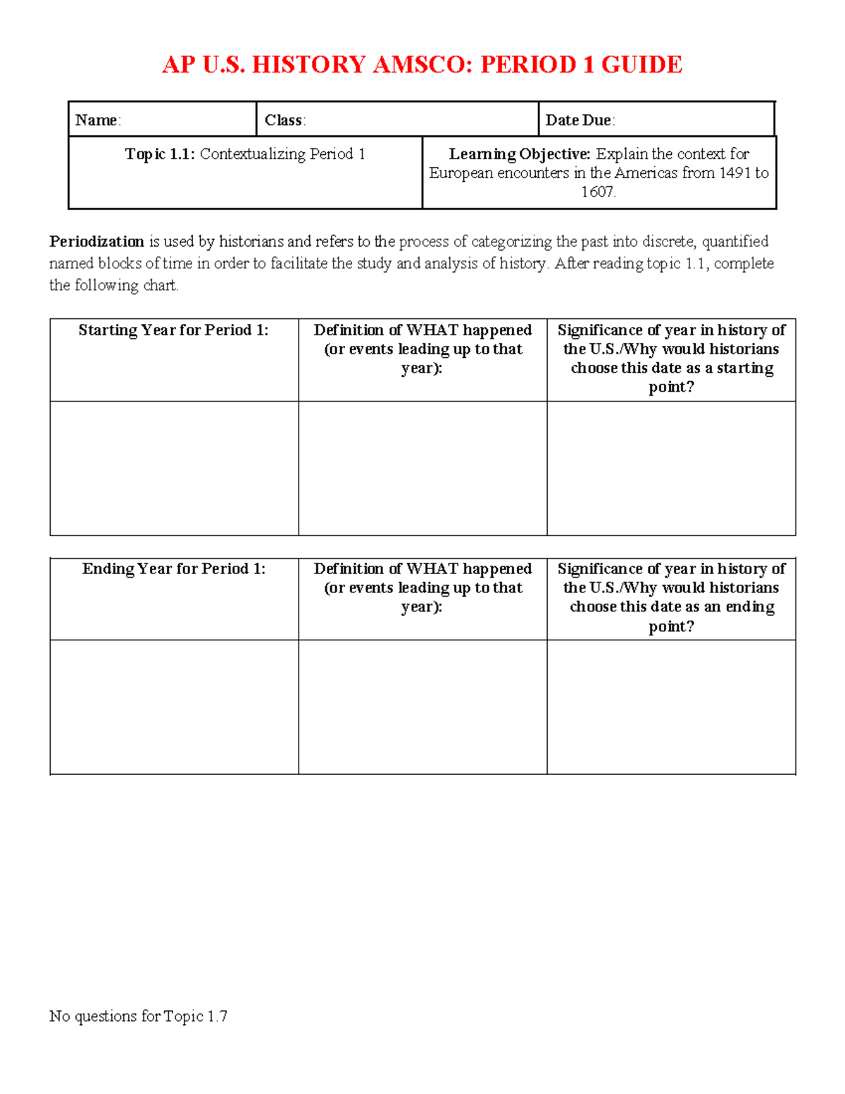 Amsco Unit 1 2022 Reading Guide - Name: Class: Date Due: Topic 1 ...