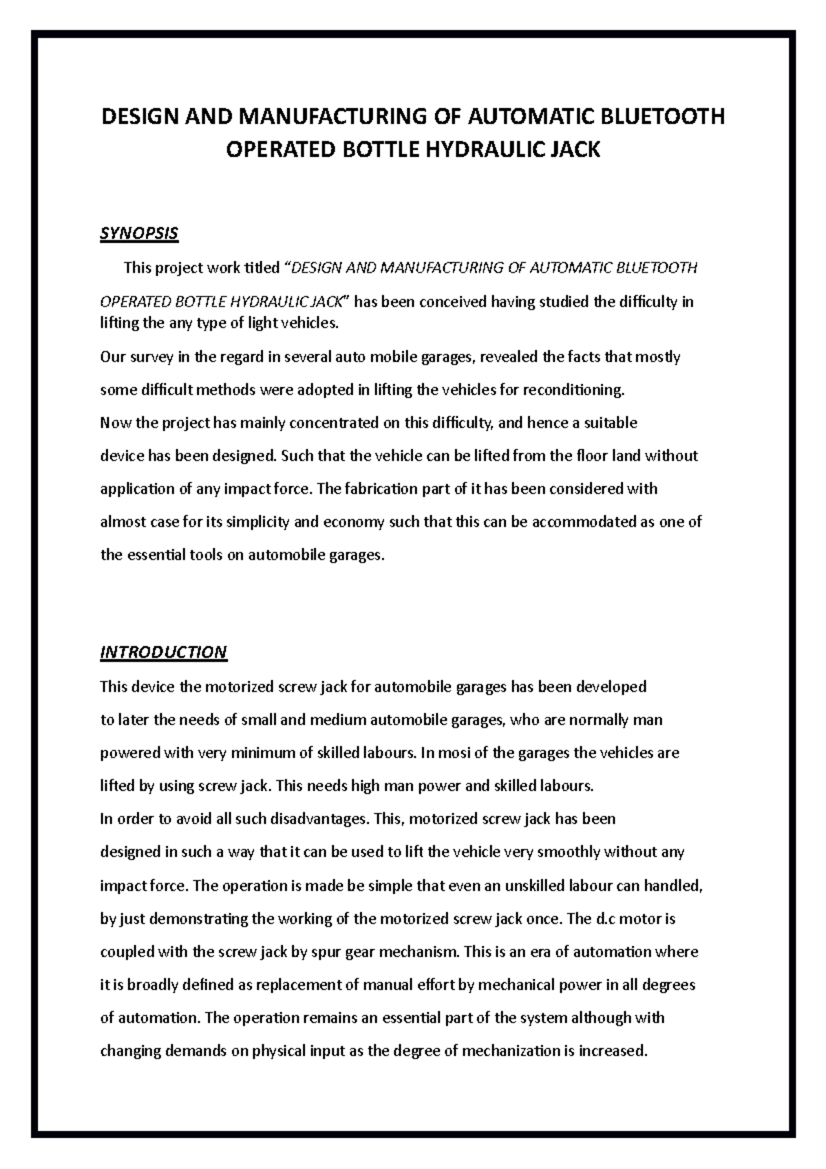 Bluetooth Operated Hydraulic JACK MINI Project - DESIGN AND ...