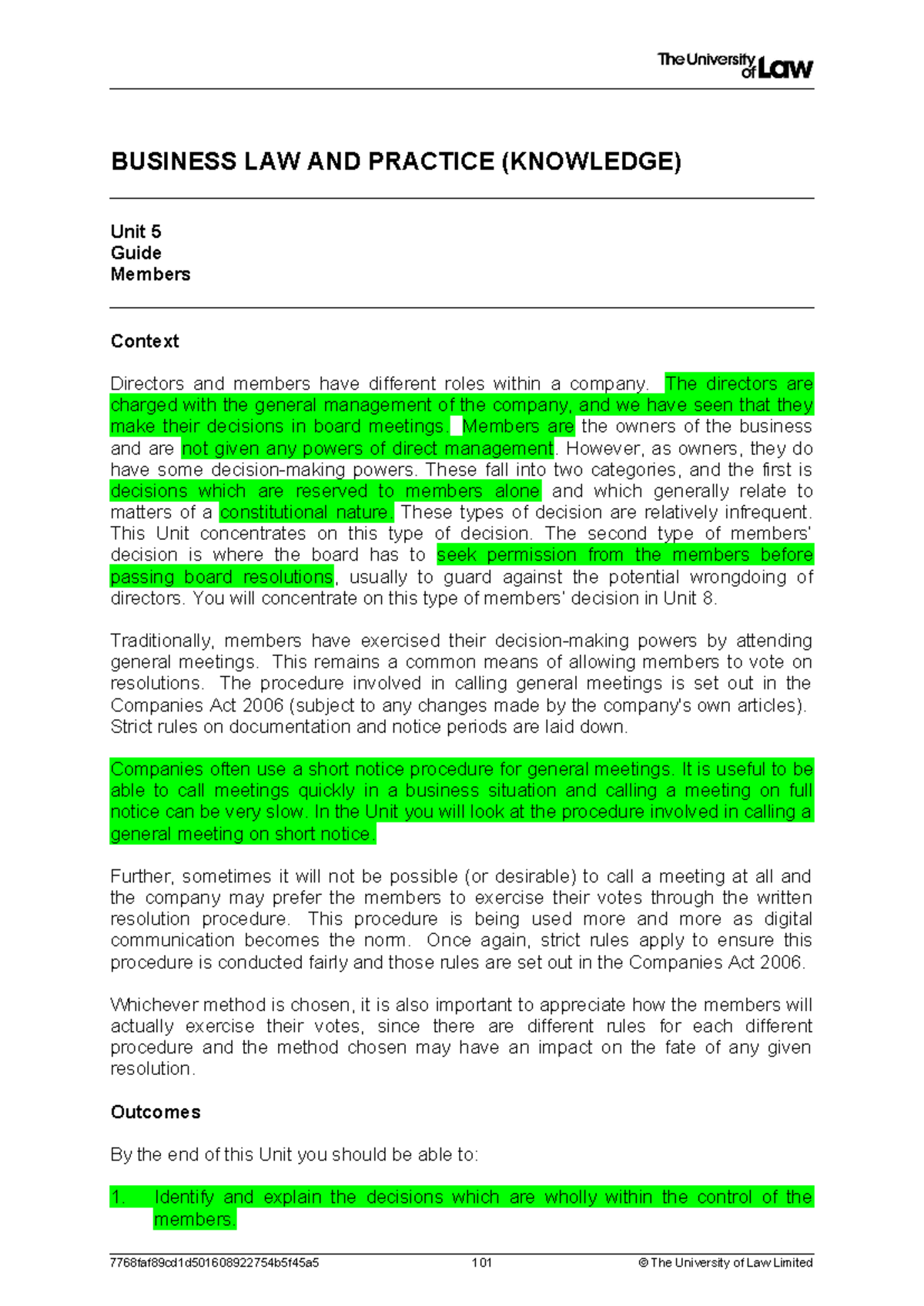 Workshop 5 - BUSINESS LAW AND PRACTICE (KNOWLEDGE) Unit 5 Guide Members ...