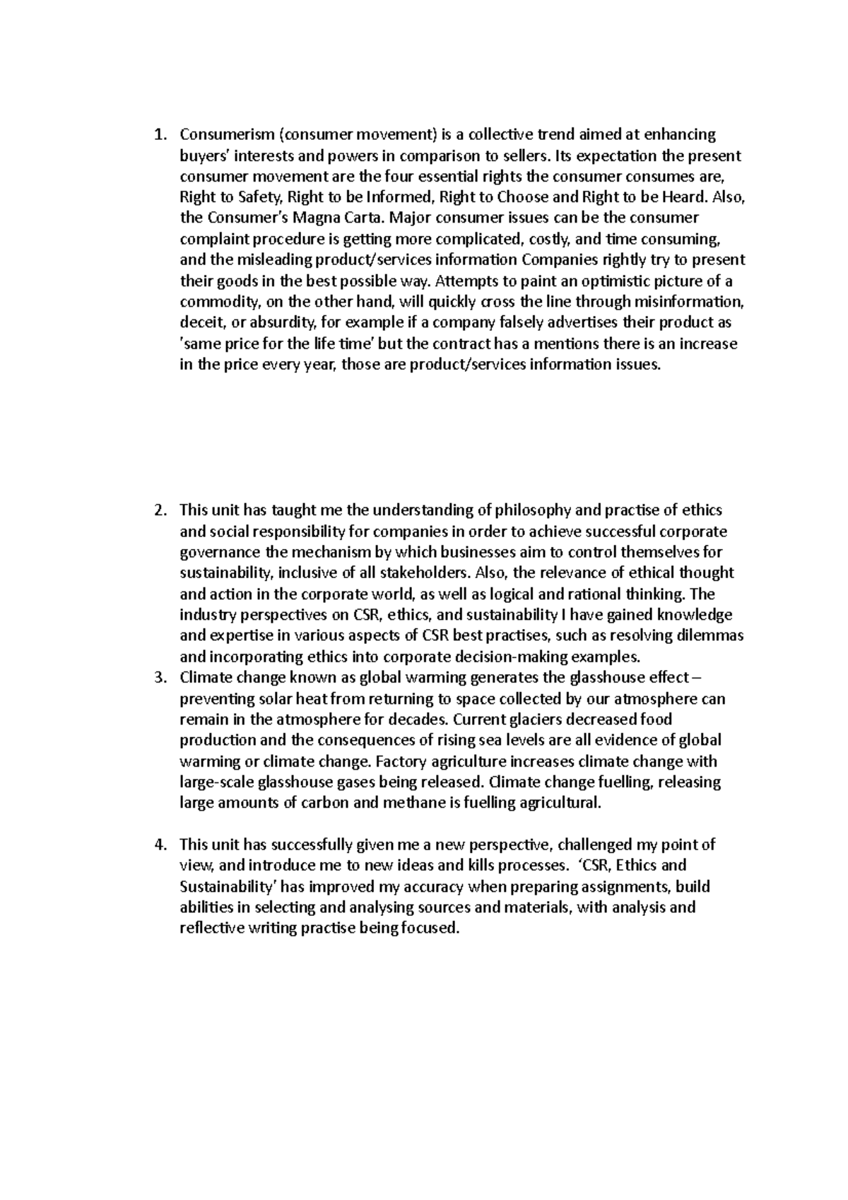 Reflection CSR - notes - Consumerism (consumer movement) is a ...