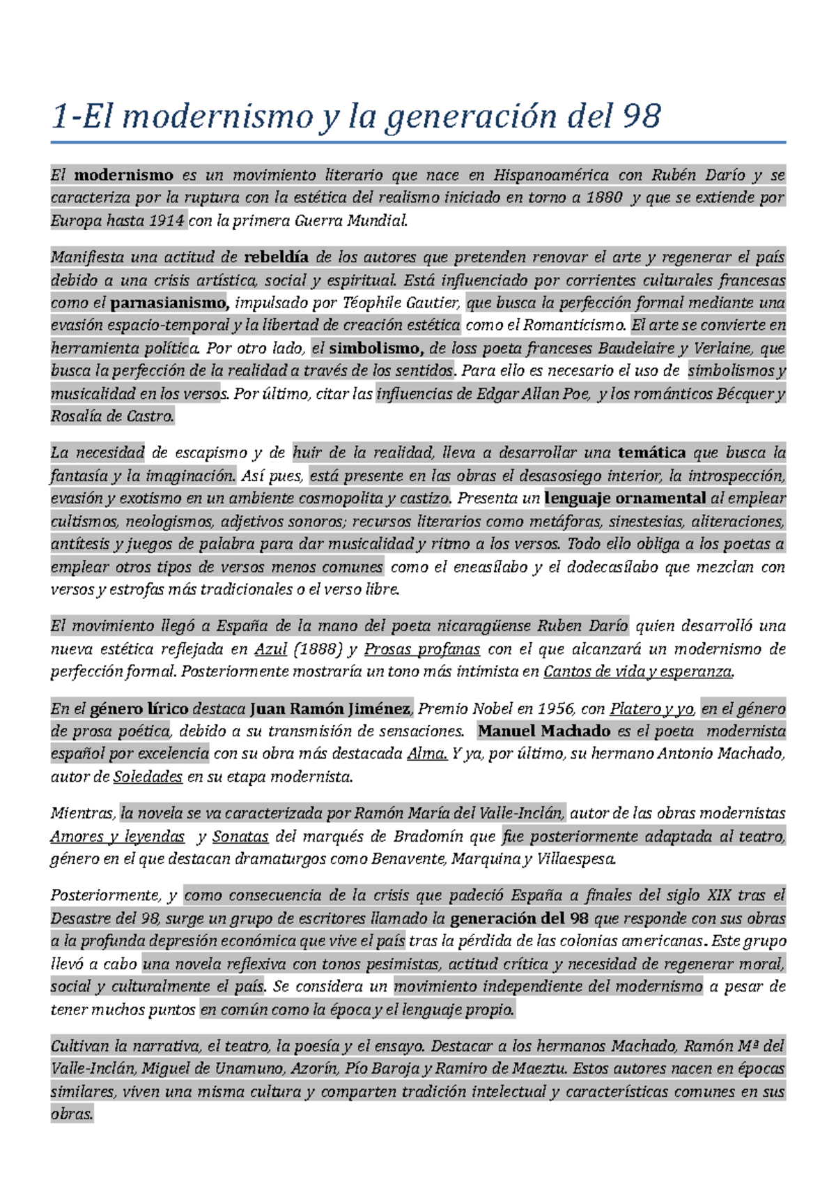 Tema 1 El Modernismo Y La Generación Del 98 Literatura Comparada
