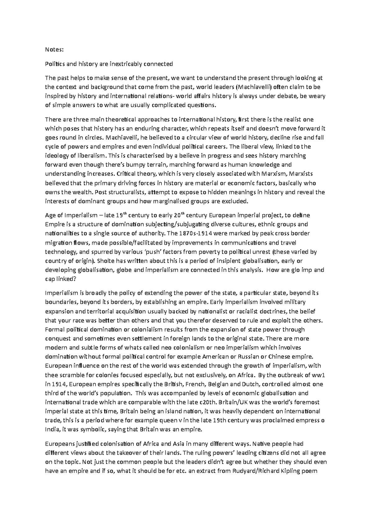 Imperialism lecture 8 notes - Notes: Politics and history are ...