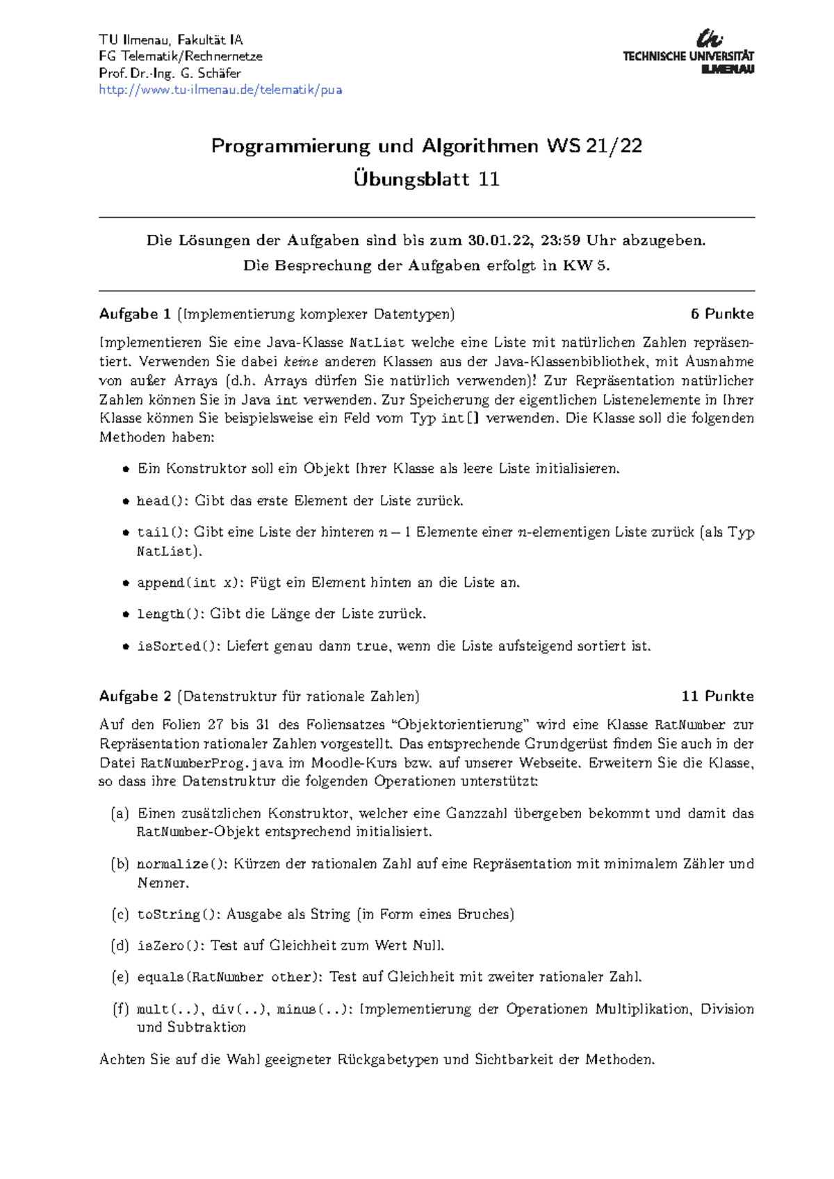 Übung Programmieren und Algorithmen 11 - TU Ilmenau, Fakultät IA FG Telematik/Rechnernetze Prof ...