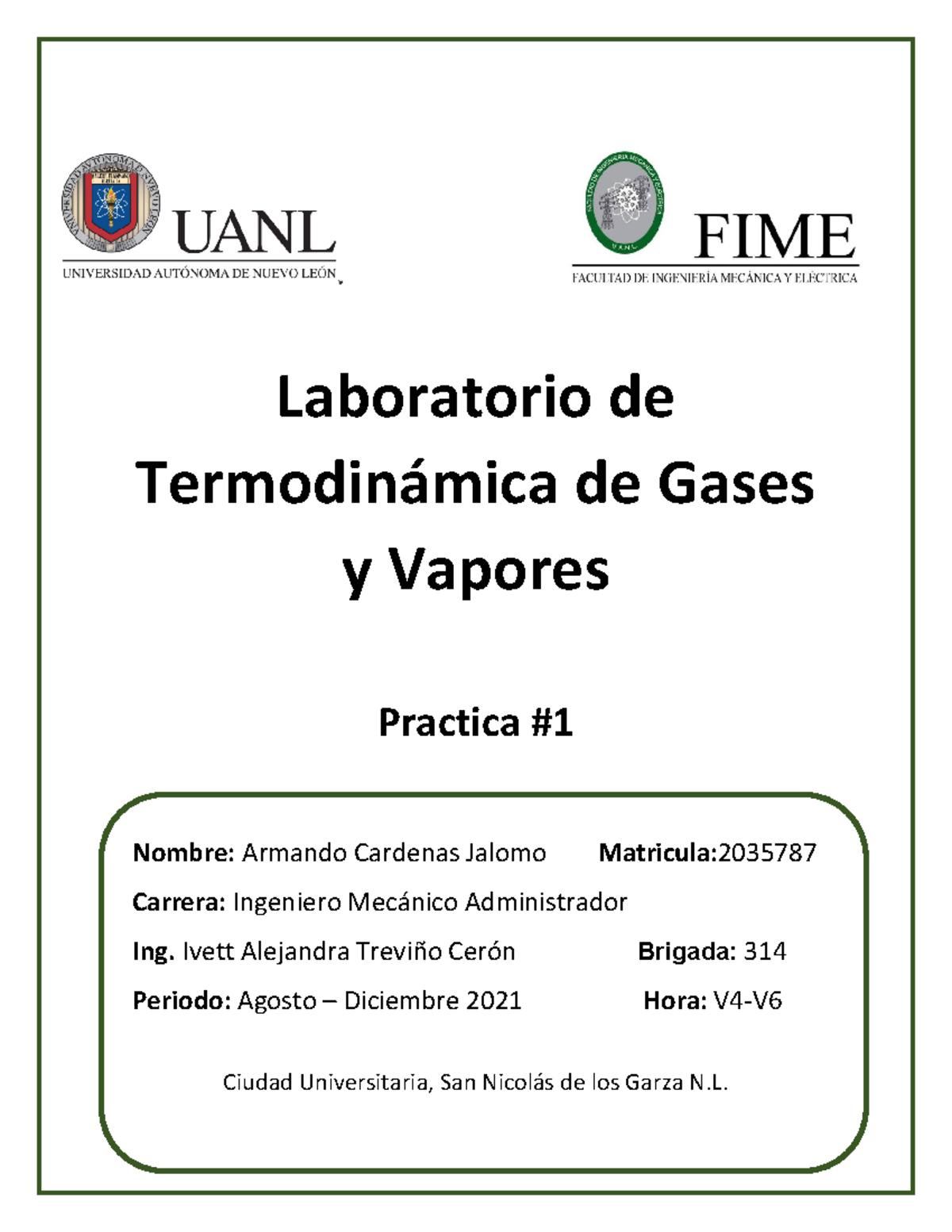 Practica 1 Termodinamica Gases Y Vapores Laboratorio De