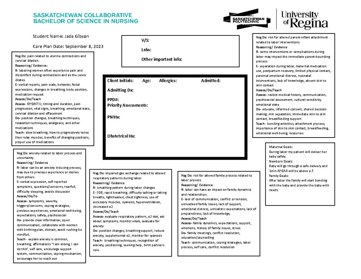 Normal laboring mom care plan - Student Name: Jada Gibson Care Plan ...