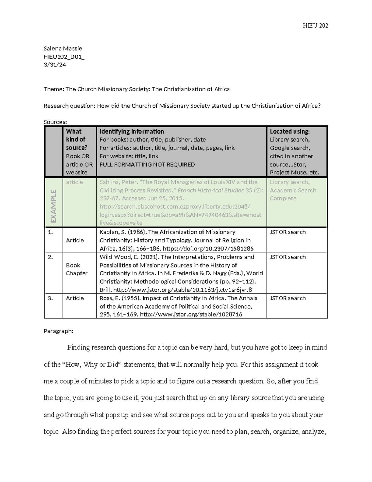 Research in History Developing a Research Question Assignment - HIEU ...