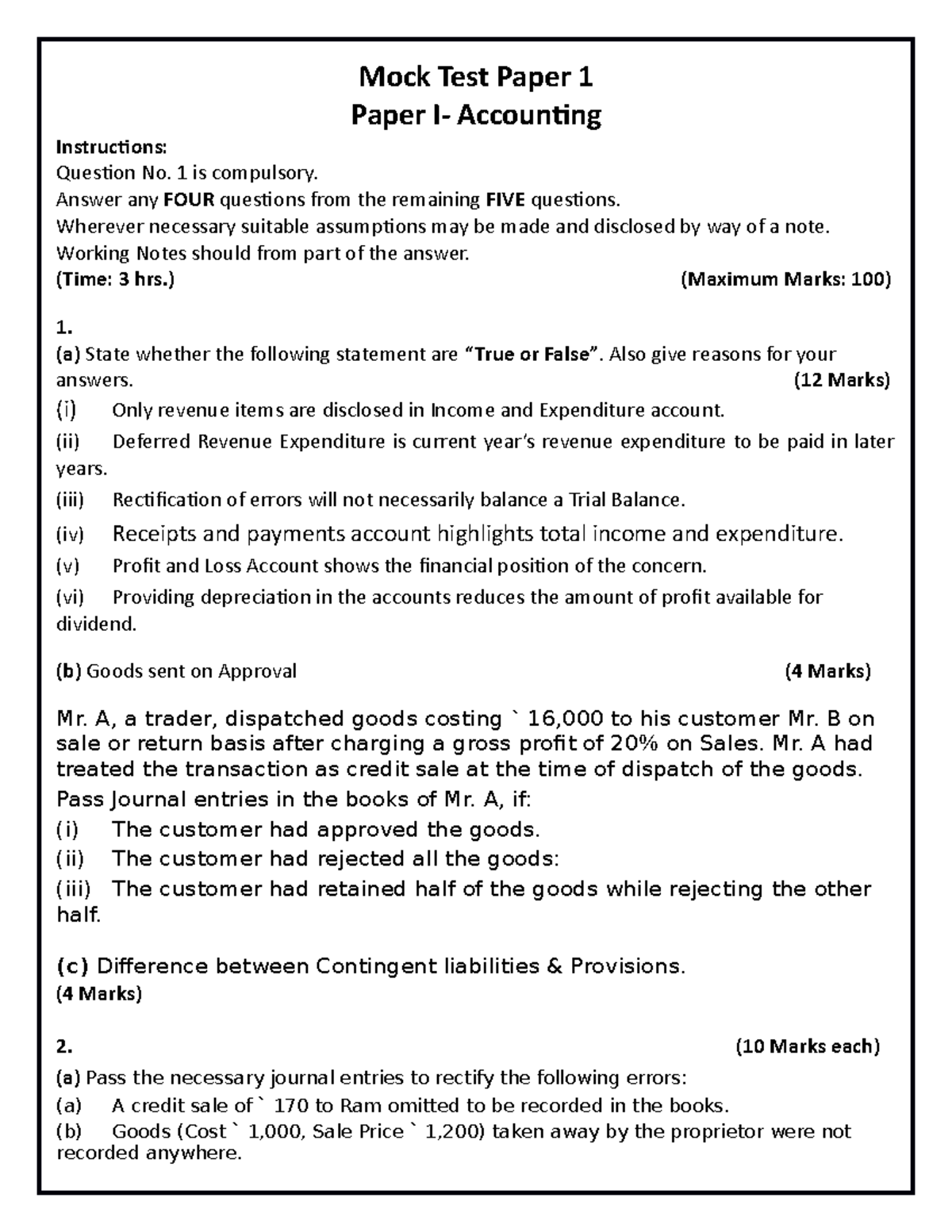 Accounts Mock Test Paper 1 - Mock Test Paper 1 Paper I- Accounting ...