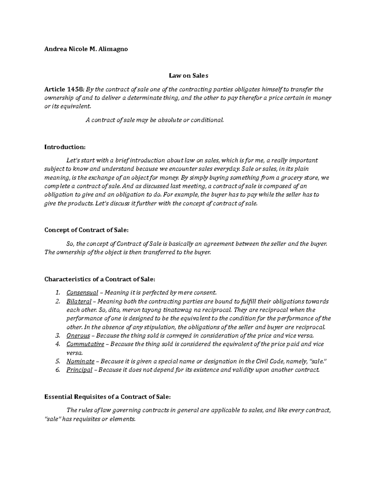 Law on Sales Report 1 - Article 1458 - Andrea Nicole M. Alimagno Law on ...