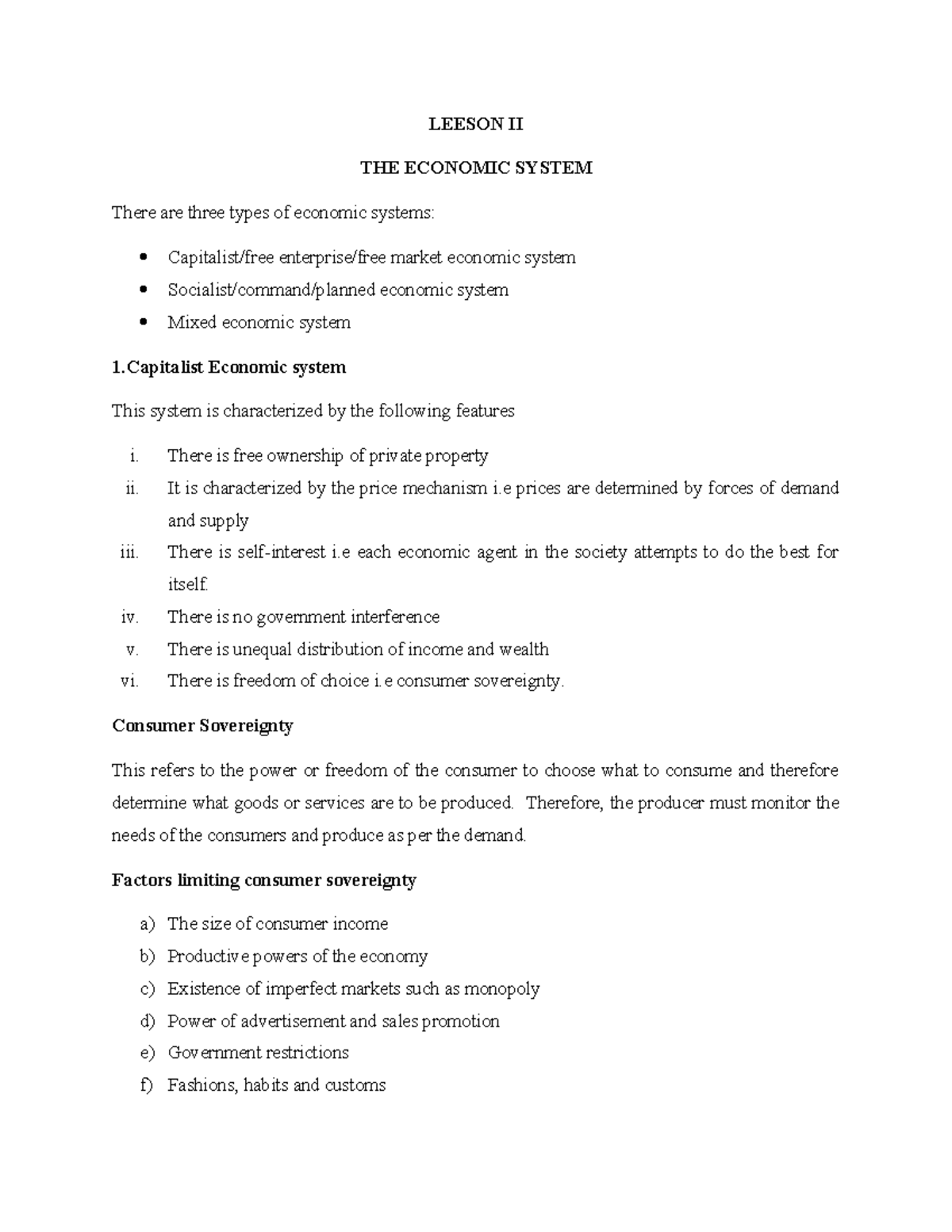 Economic Sytstem - main course work - LEESON II THE ECONOMIC SYSTEM ...