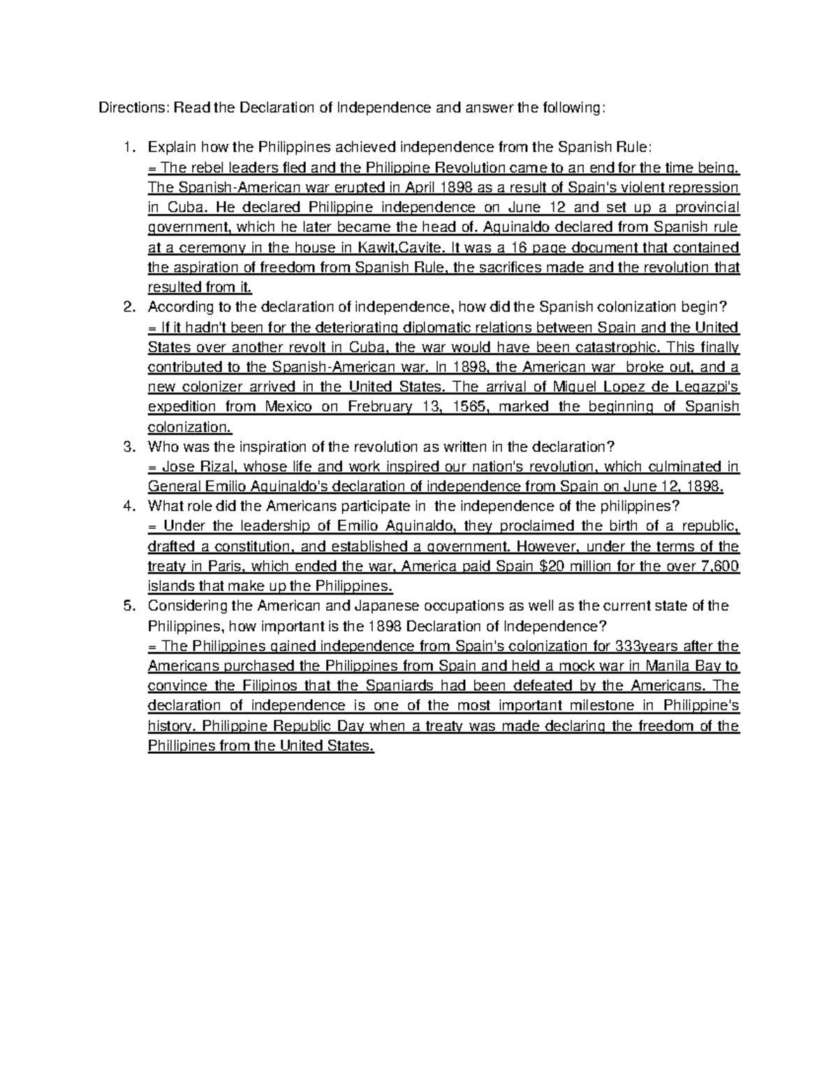 Quiz on Declaration of Independence - Directions: Read the Declaration ...