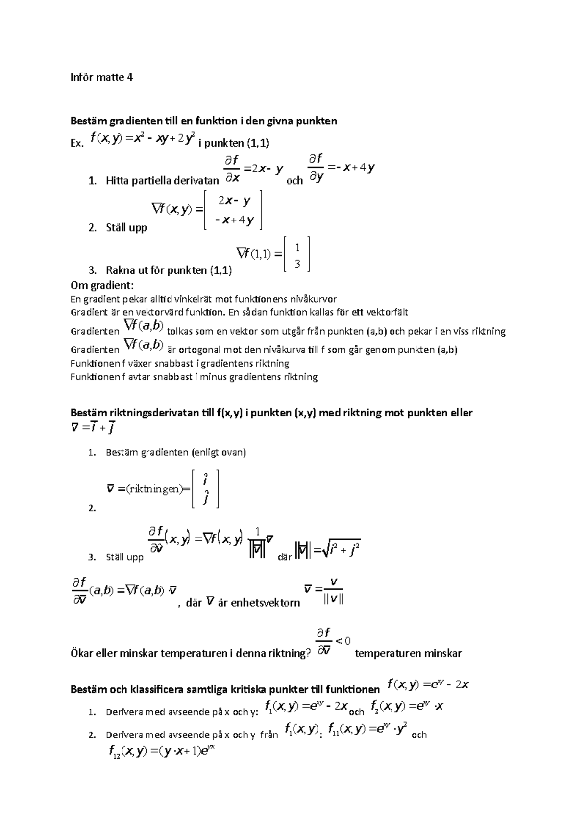 Inför matte 4 - Sammanfattning - Inför matte 4 Bestäm gradienten till ...
