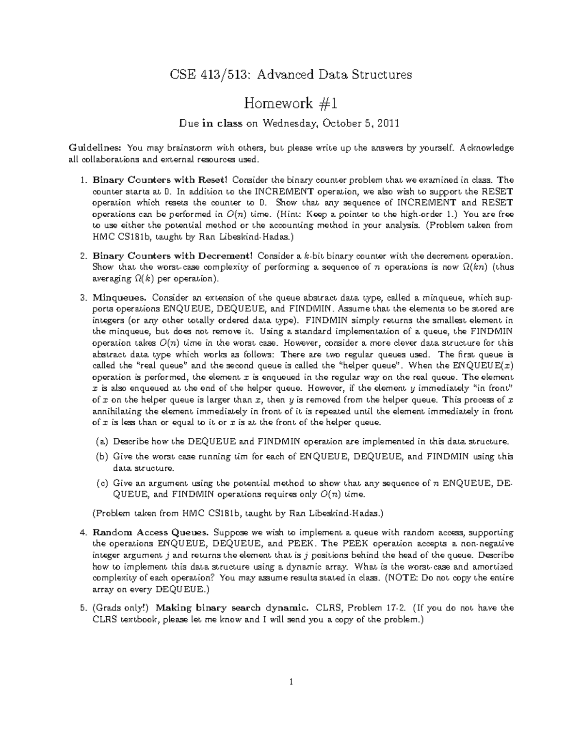 Hw1 Homework Assignment 1 Cse Advanced Data Structures Homework Due In Class On Wednesday