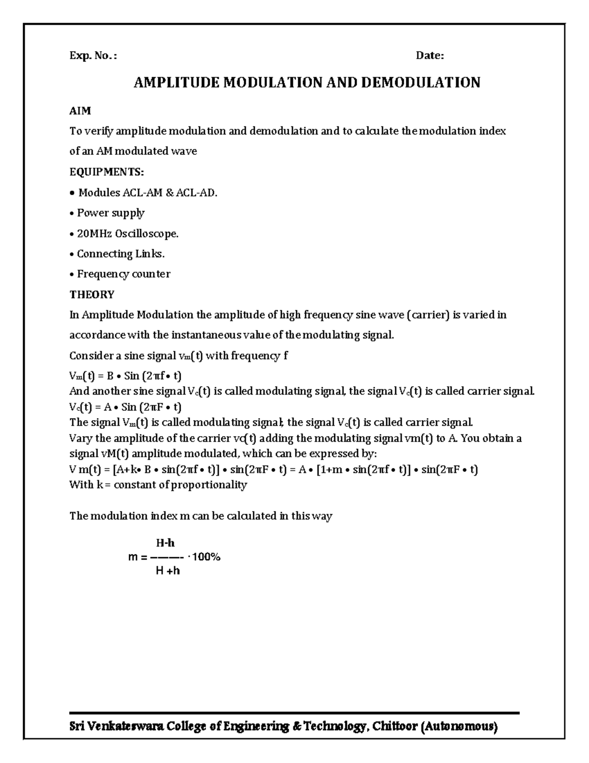 Acdclab 1 - Am modulation and demodulation - Exp. No. : Date: AMPLITUDE ...