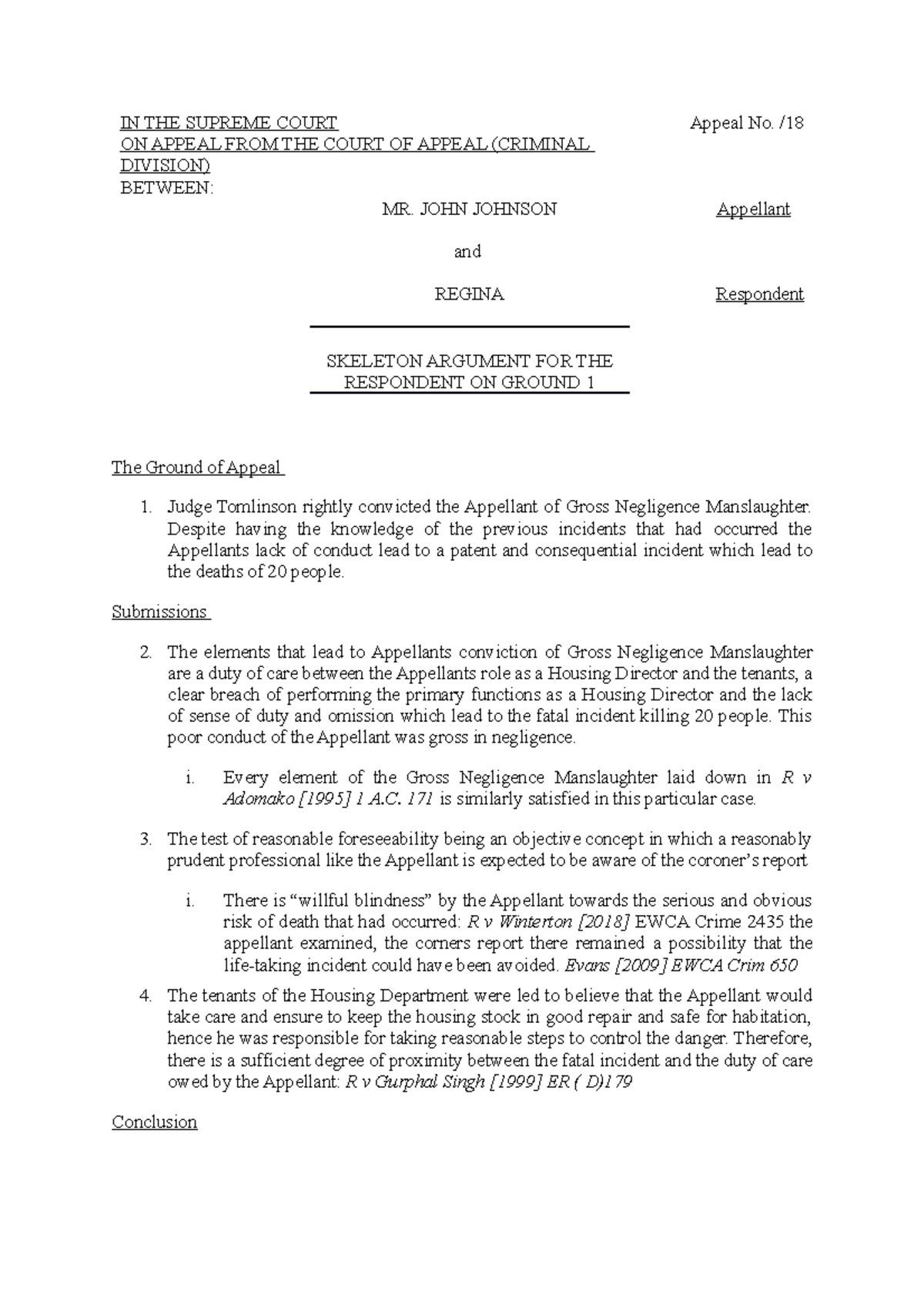 Final Skeleton Arguments - IN THE SUPREME COURT ON APPEAL FROM THE ...