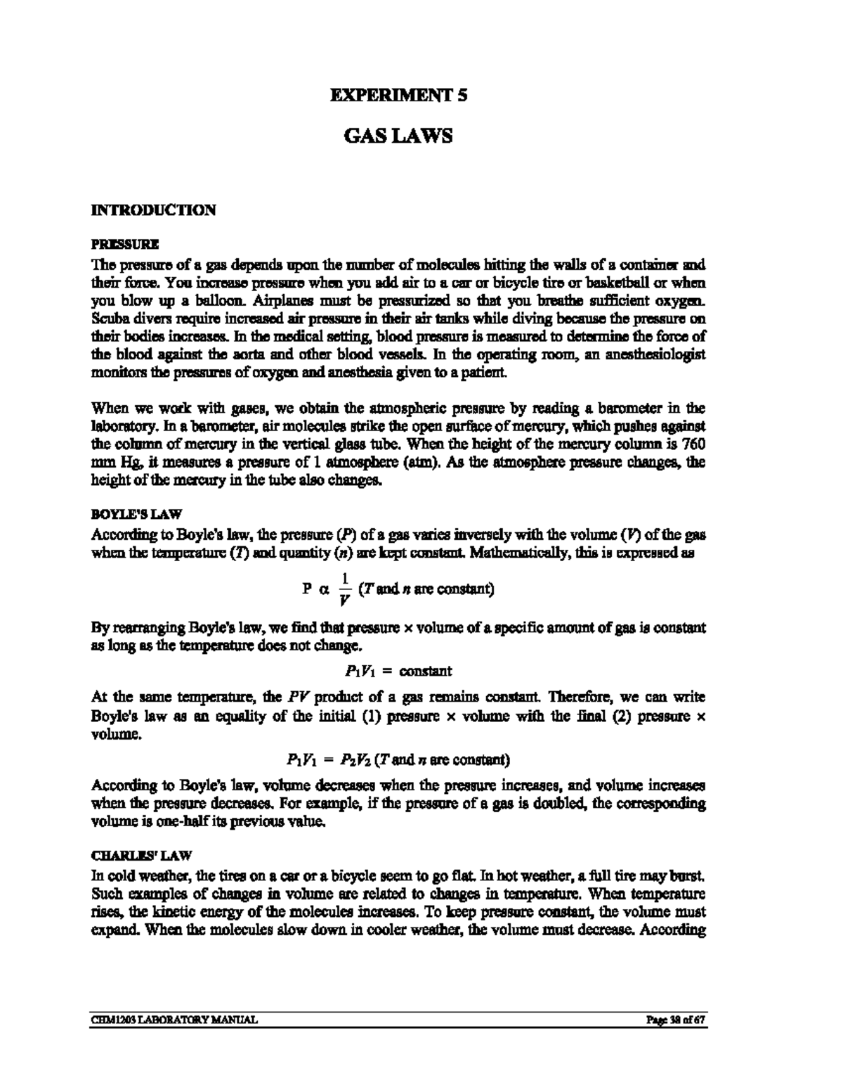 Experiment 5 - Summary Chemistry 2e - EXPERIMENT 5 GAS LAWS ...