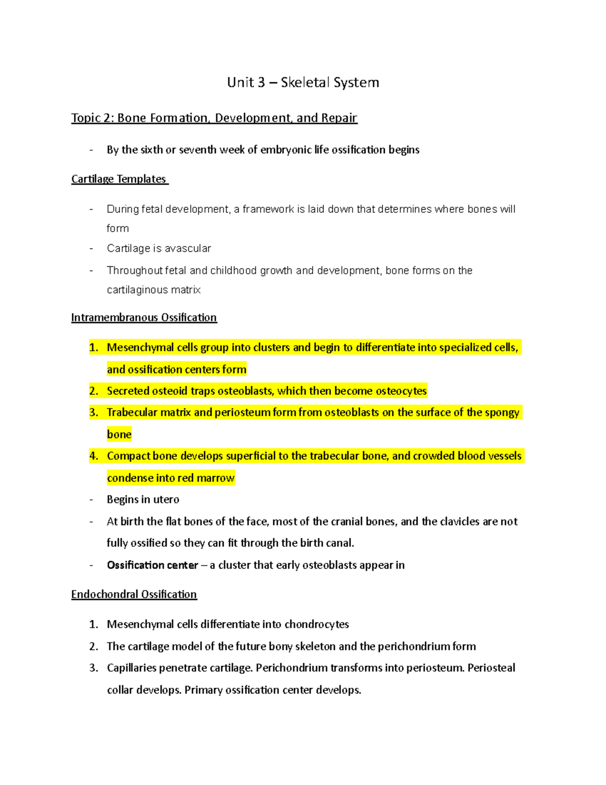 Unit 3 topic 2 - Notes on bone formation, development, and repair - SC ...