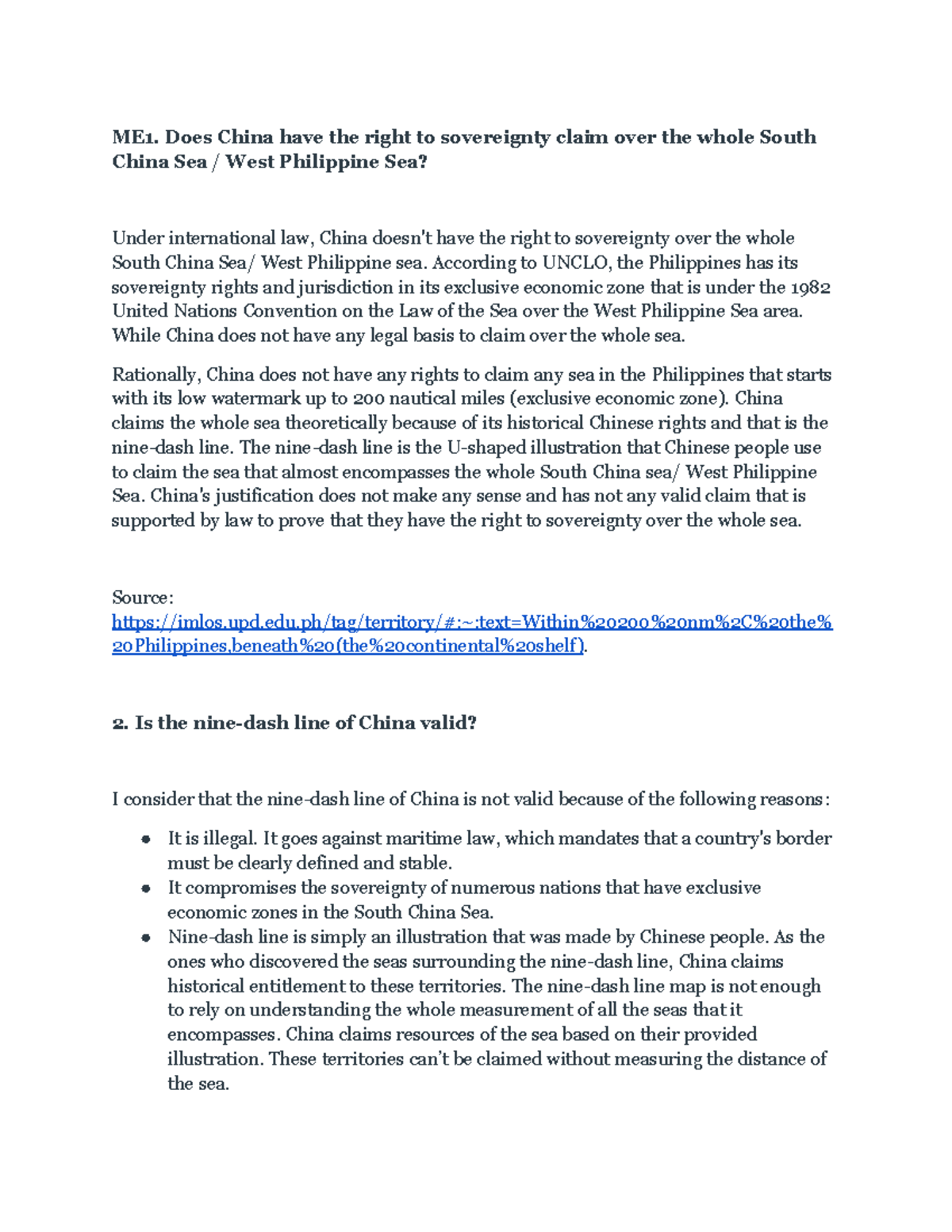 China - ME1. Does China have the right to sovereignty claim over the ...