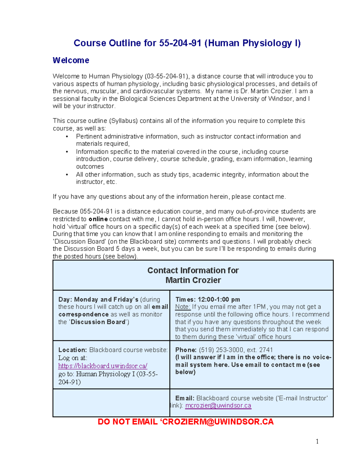 Syllabus 03-55-204-91 SS'17 - Course Outline for 55-204-91 (Human Physiology I) Welcome Welcome ...