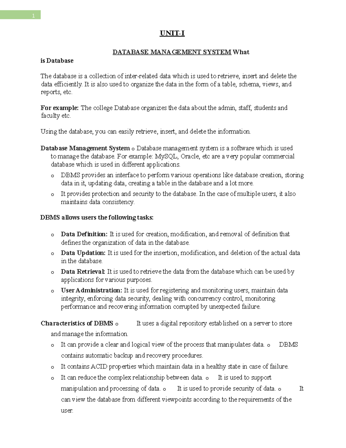 UNIT I - Module 1 - UNIT-I DATABASE MANAGEMENT SYSTEM What is Database ...