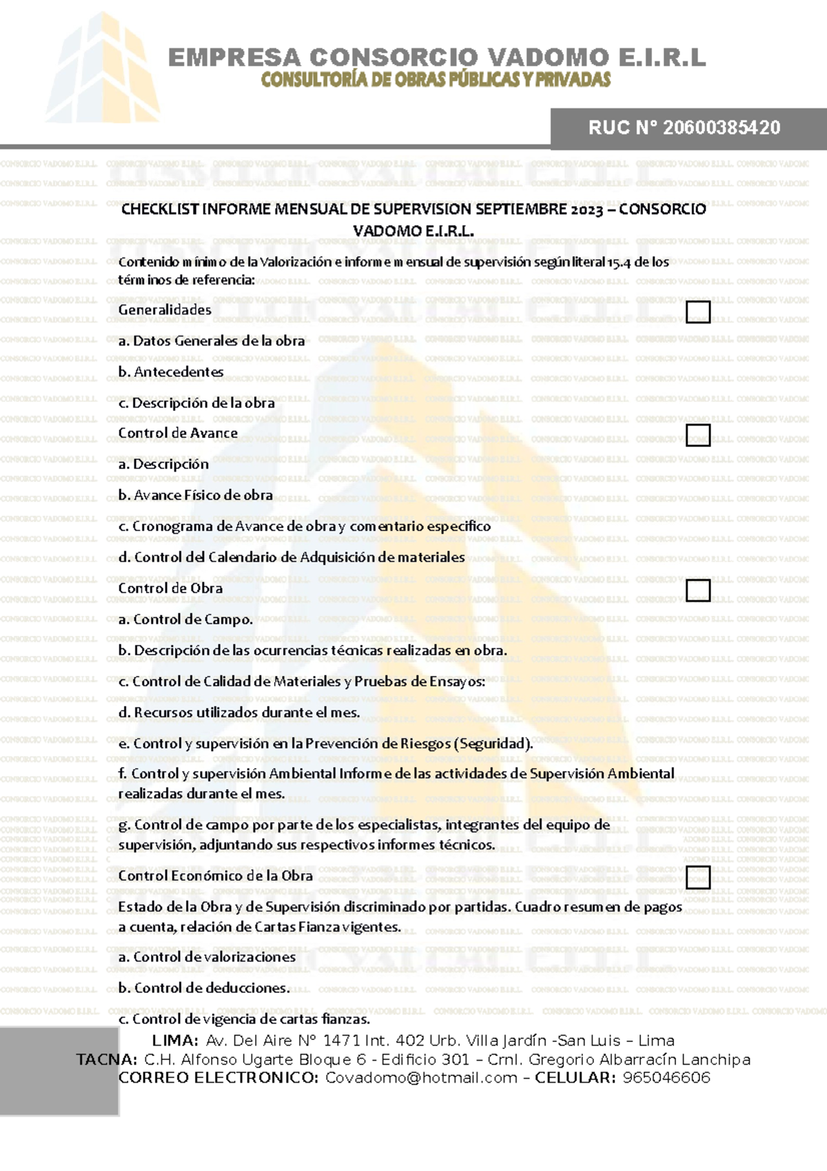 Checklist Covadomo Informe Mensual - EMPRESA CONSORCIO VADOMO E.I.R ...