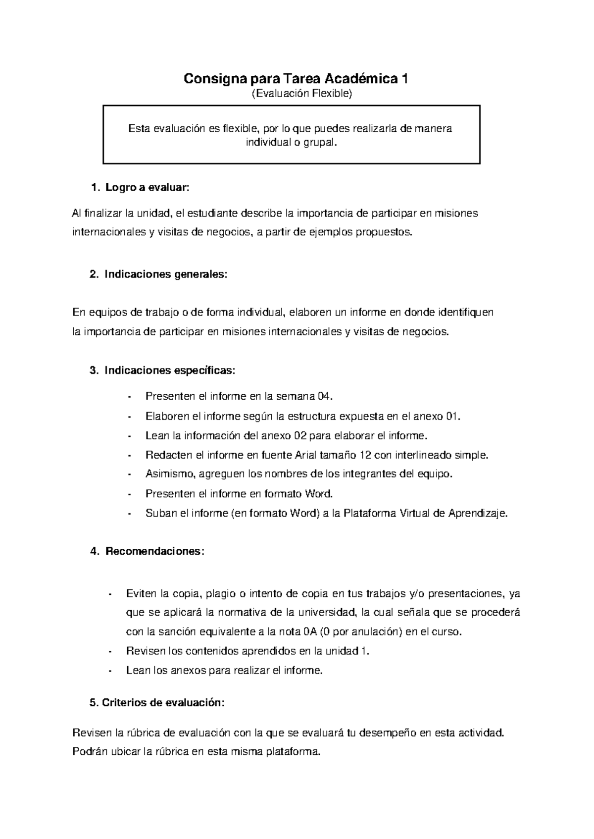Ferias Y Misiones TA1 - Consigna para Tarea Académica 1 (Evaluación Flexible) Logro a evaluar ...