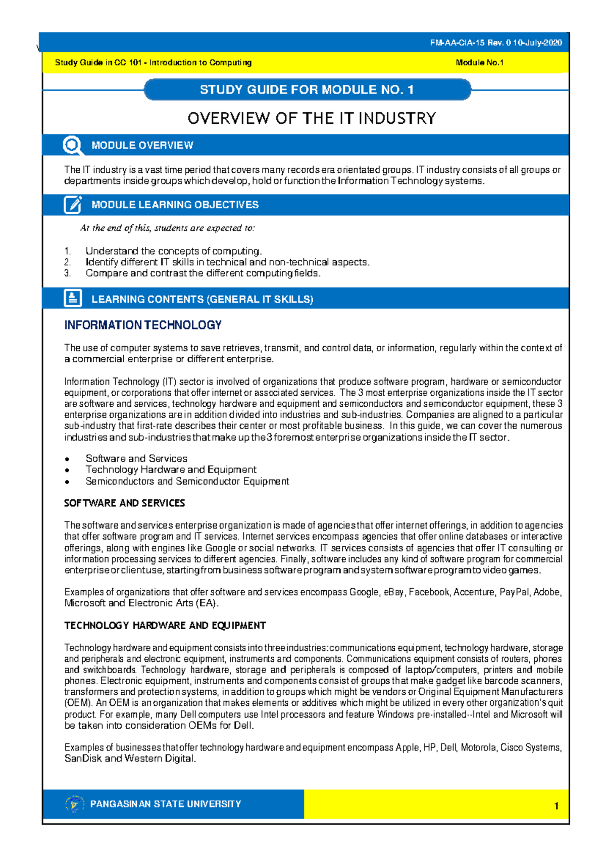 CC 101 - Module 1 - MODULE OVERVIEW MODULE LEARNING OBJECTIVES LEARNING CONTENTS (GENERAL IT ...