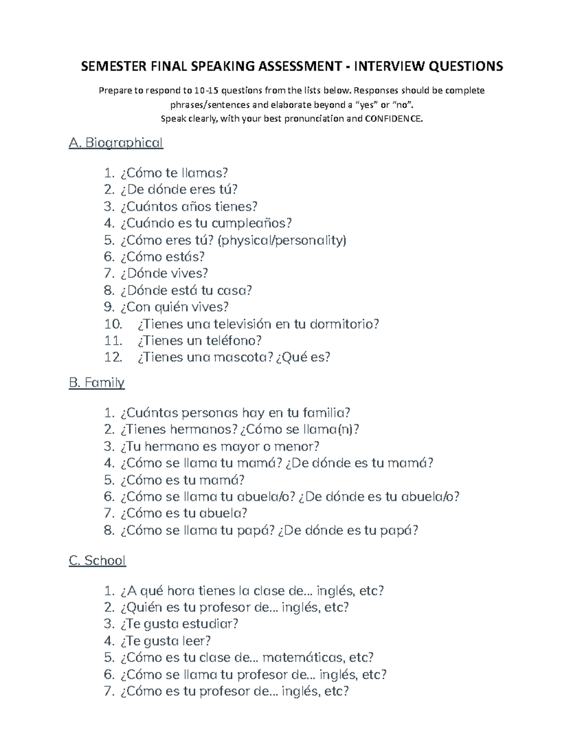 Speaking Proficiency - Interview Questions - SEMESTER FINAL SPEAKING ...