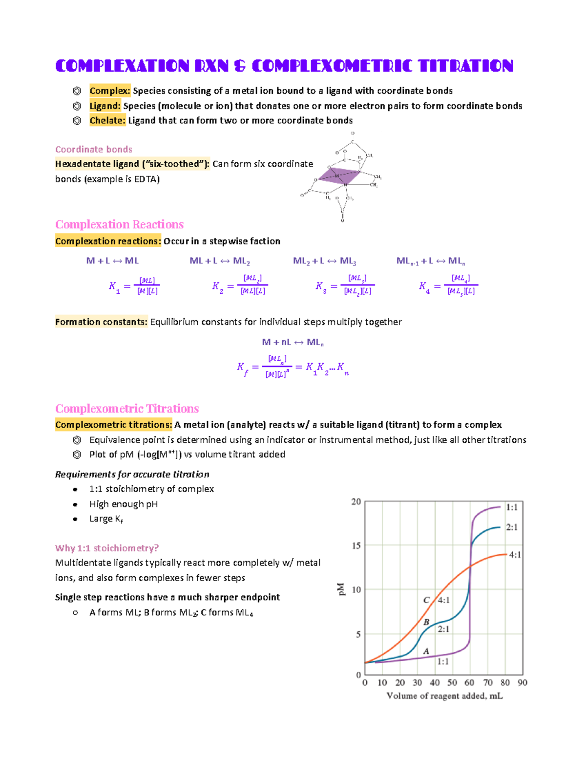 Lecture 12 Complexation Titrations (Ch. 15) - COMPLEXATION RXN & COMPLEXOMETRIC TITRATION ...