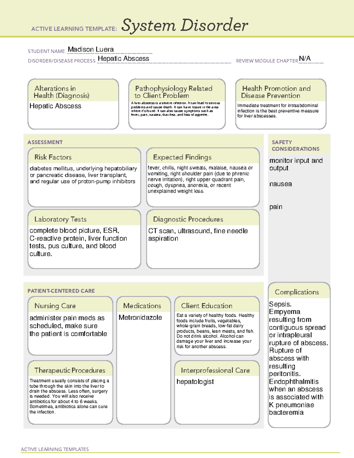 Patho for hepatic abscess - ACTIVE LEARNING TEMPLATES System Disorder ...