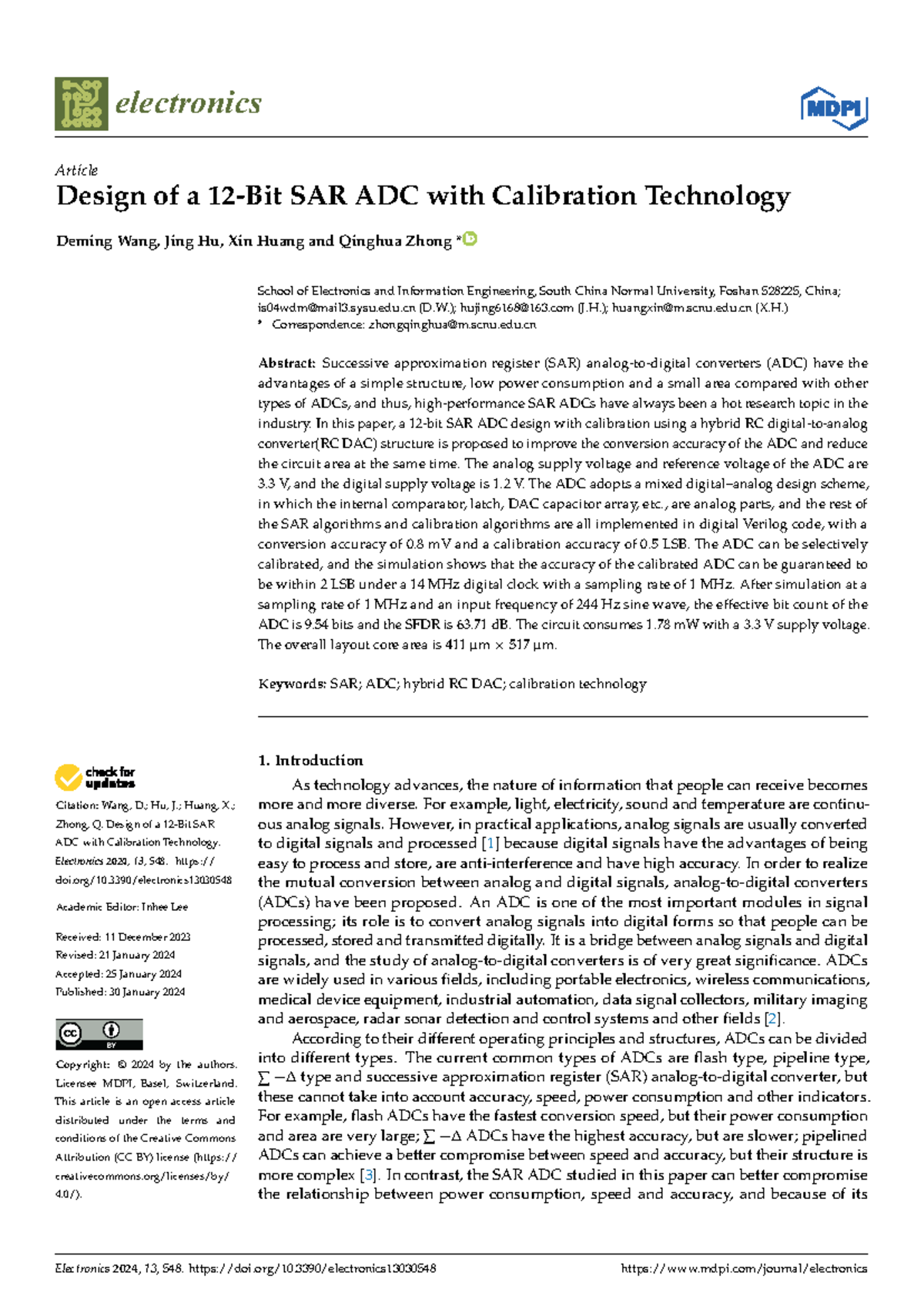 Design of a 12-Bit SAR ADC with Calibration Techno - Citation: Wang, D ...